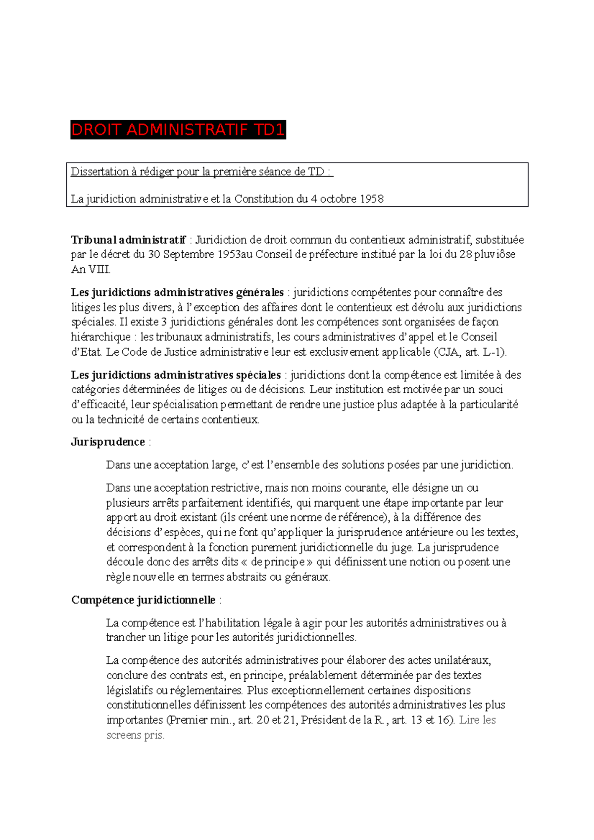 Droit Administratif TD1 - DROIT ADMINISTRATIF TD Dissertation à rédiger pour la première séance ...