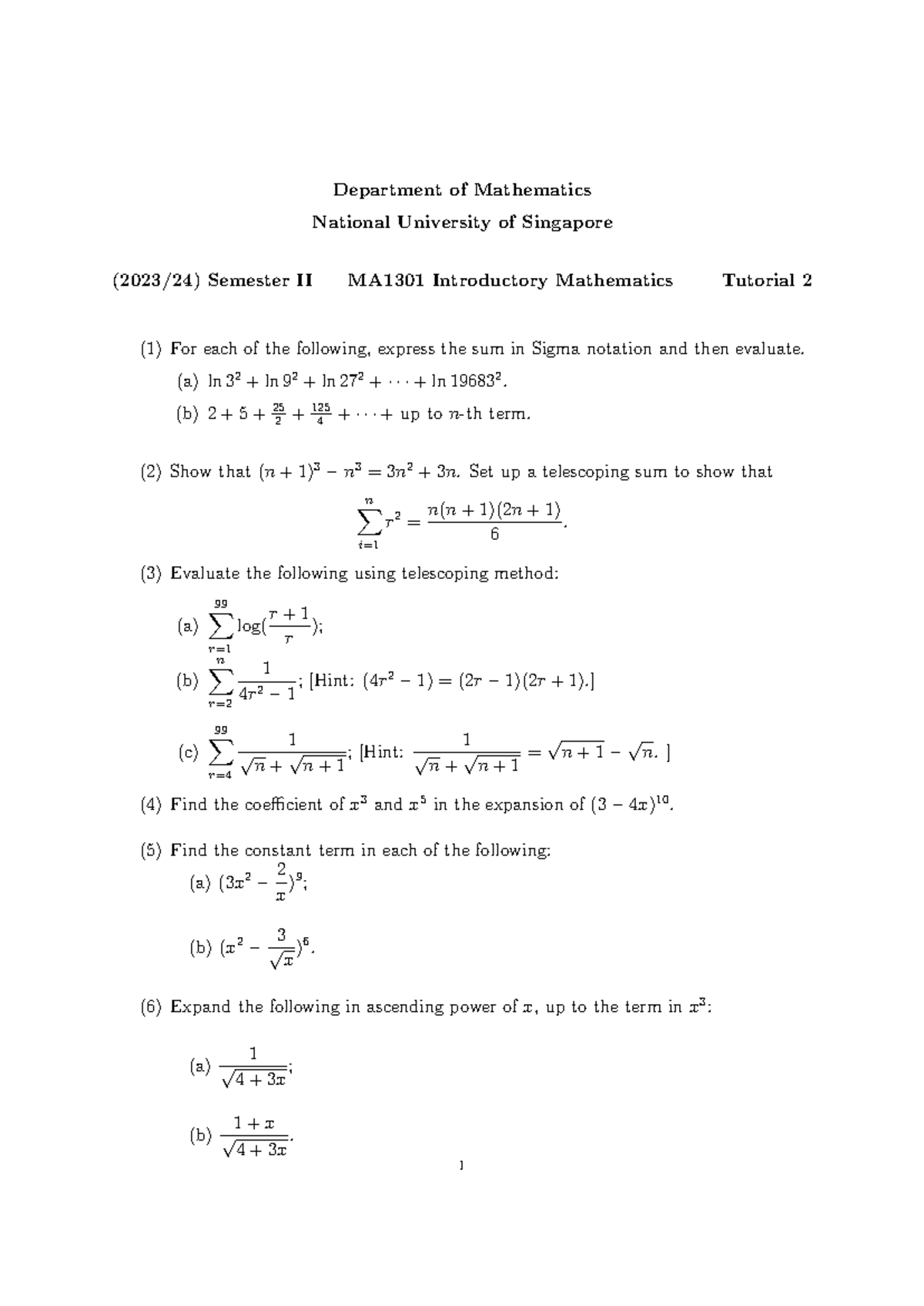 Tut2 - MA1301 Tutorial 2 - Department of Mathematics National University of Singapore (2023/24 ...