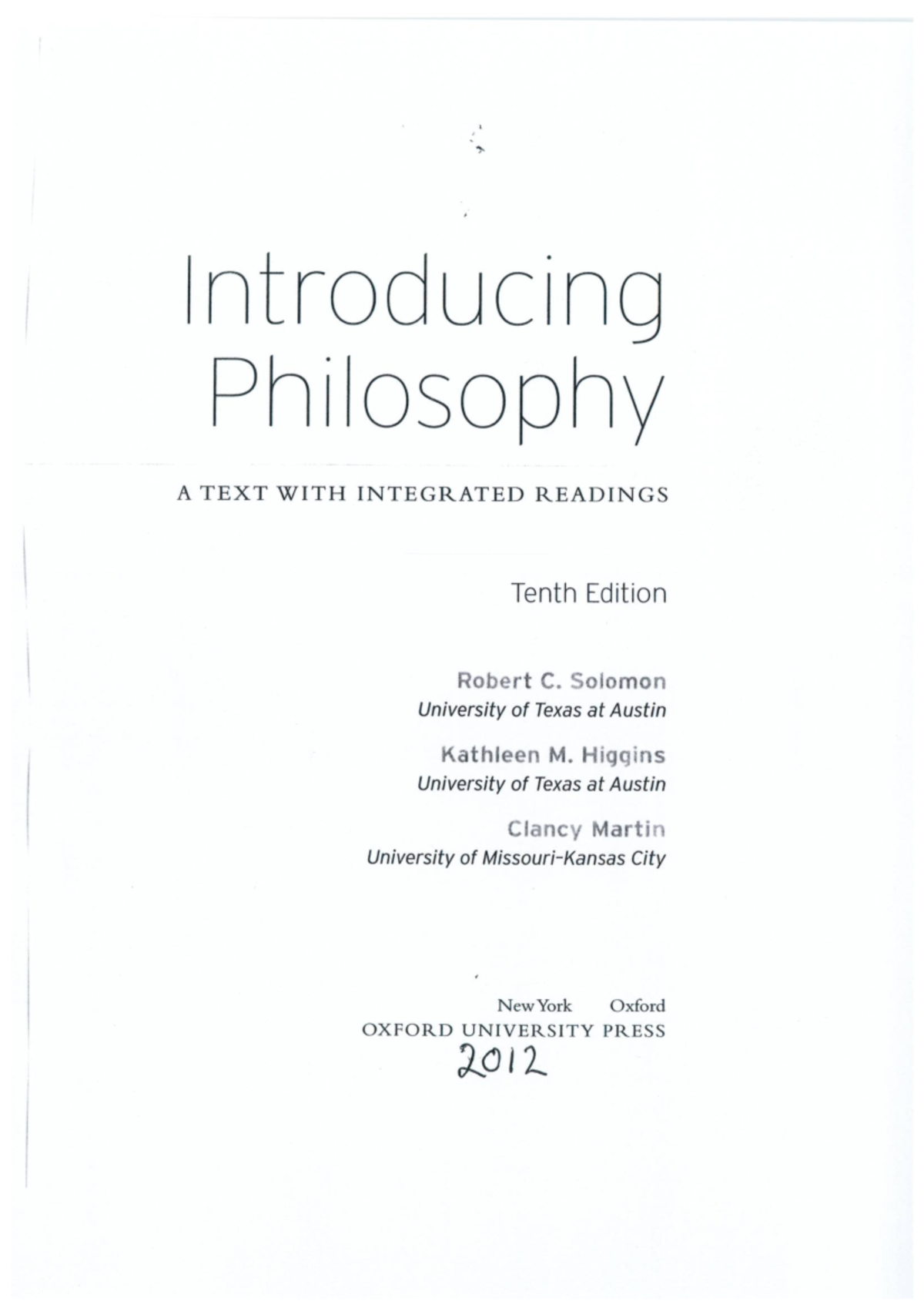 Solomon - introduction to philosophy a text intergrated with readings ...
