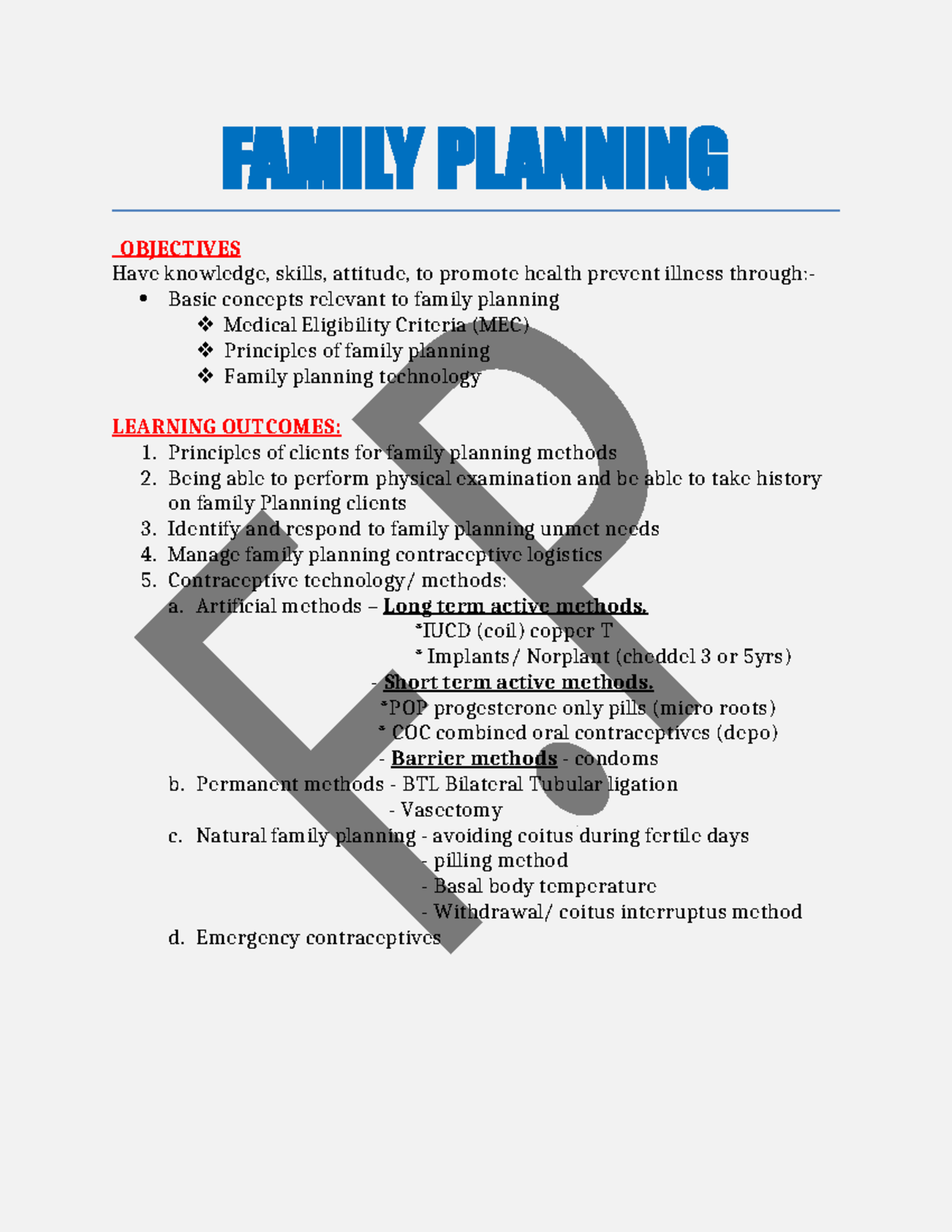 Family planning - updated - FAMILY PLANNING OBJECTIVES Have knowledge ...