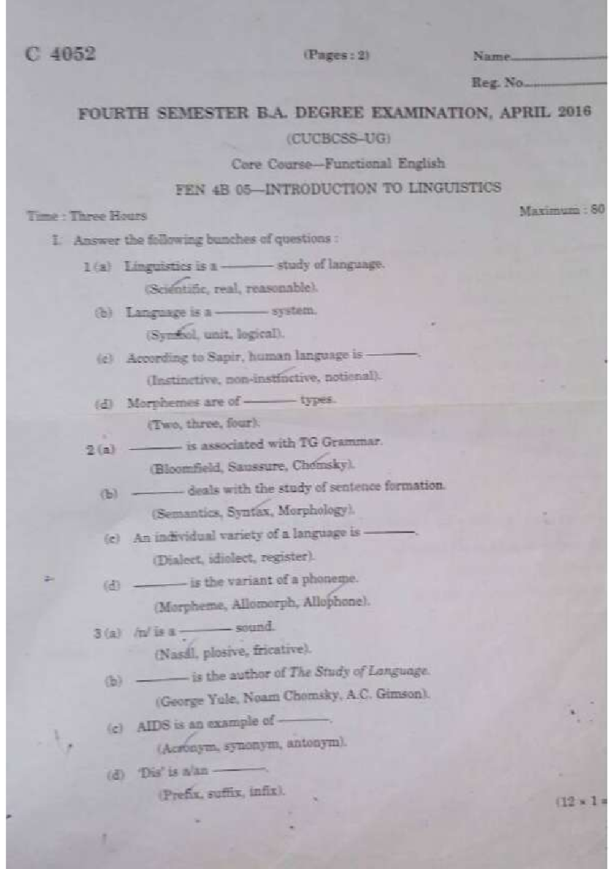 FL 16 - question paper - Ba /BBA/BCom calicut university - Studocu