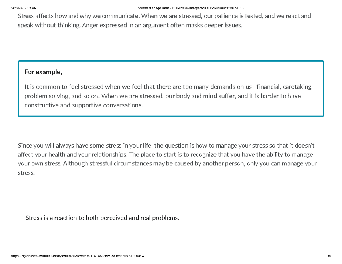 Stress Management - COM2006-Interpersonal Communication SU13 - Stress ...