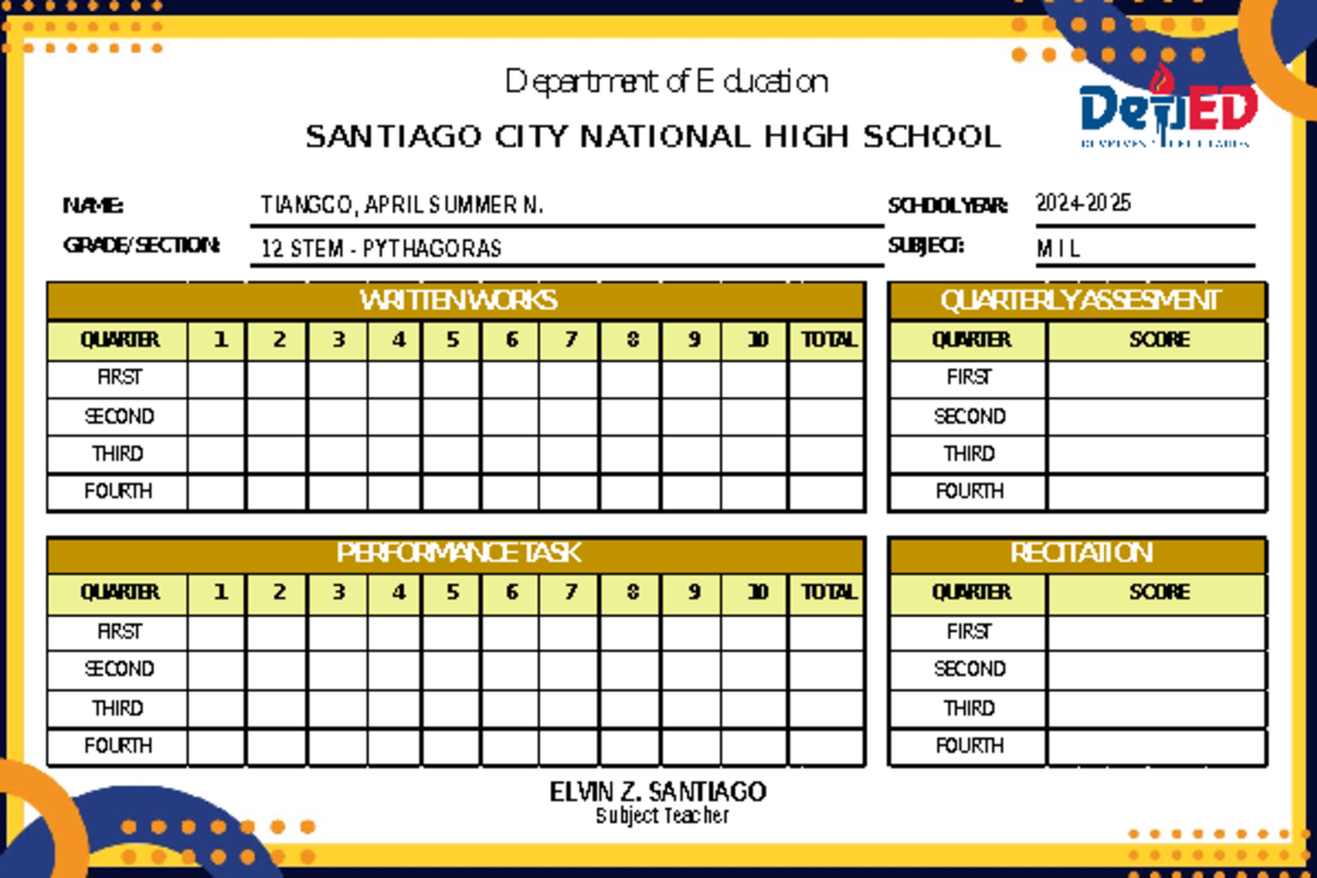 Design D Learners Individual Record ( Front) - NAME: SCHOOLYEAR: GRADE ...