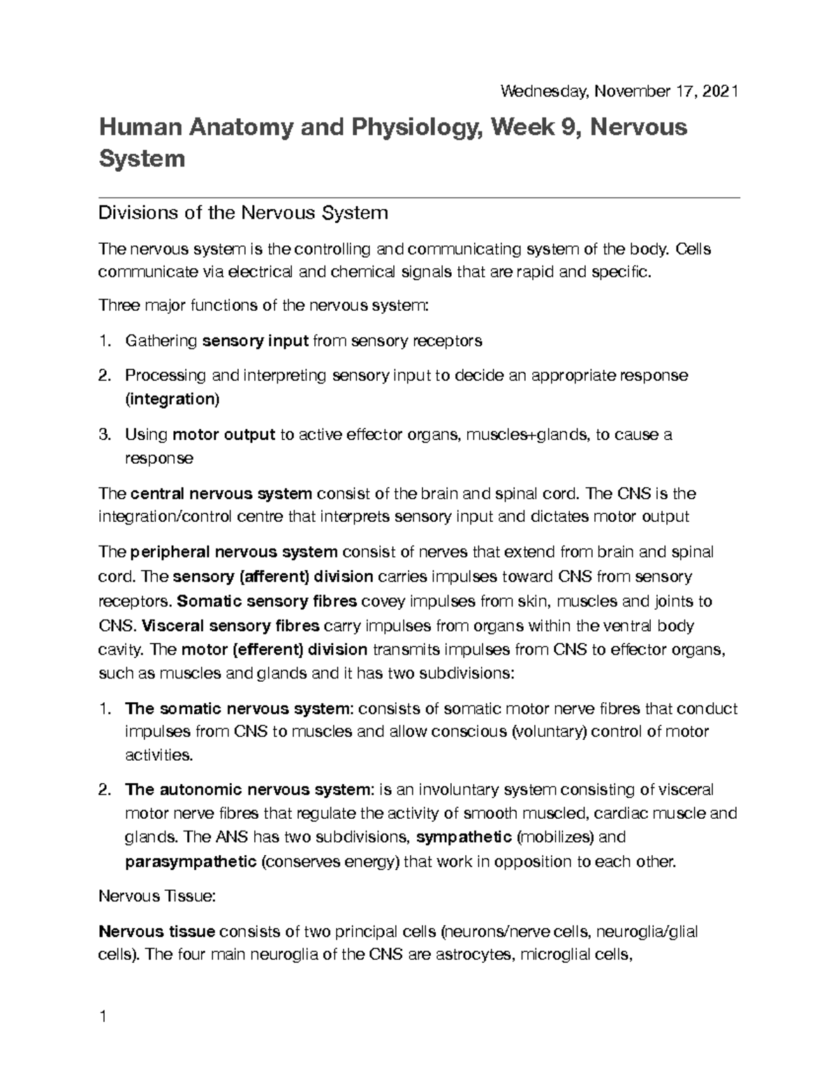 Human Anatomy + Physiology, Nervous System (Prof. McGreevy) - Human ...