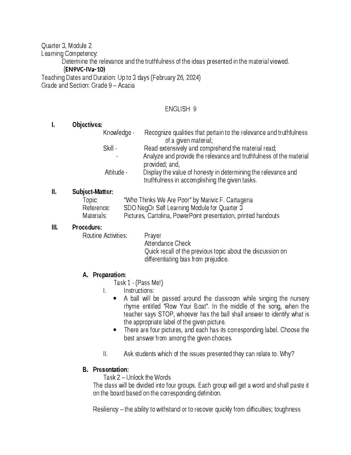 A detailed Lesson Plan for English Grade 9 in Third Quarter - Quarter 3 ...