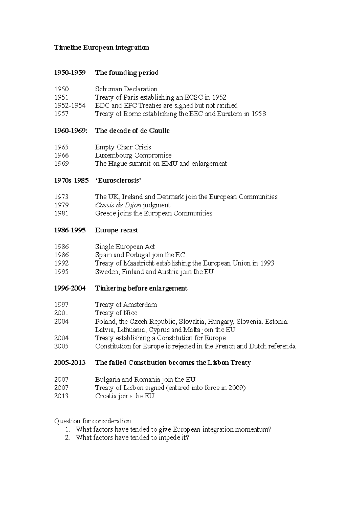 Timeline European integration - Timeline European integration 1950-1959 ...