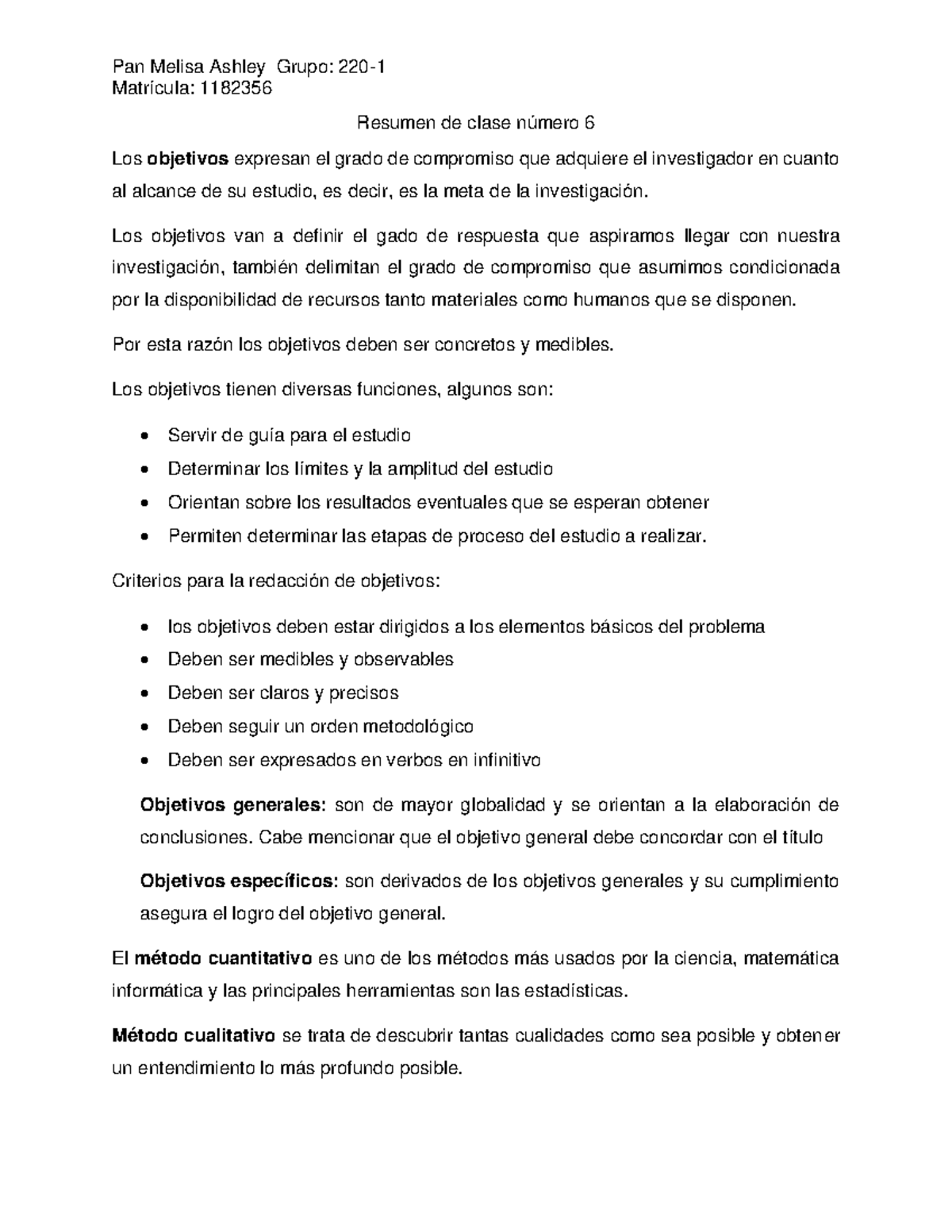 Resumen de clase número 6 - Pan Melisa Ashley Grupo: 220- Matrícula ...