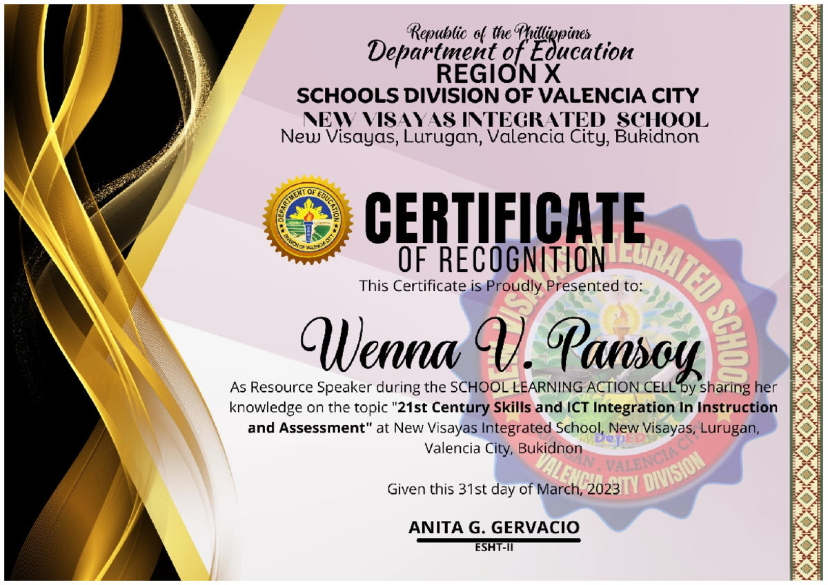 Certificate - for Learning Action Plan - Bachelor of Secondary ...