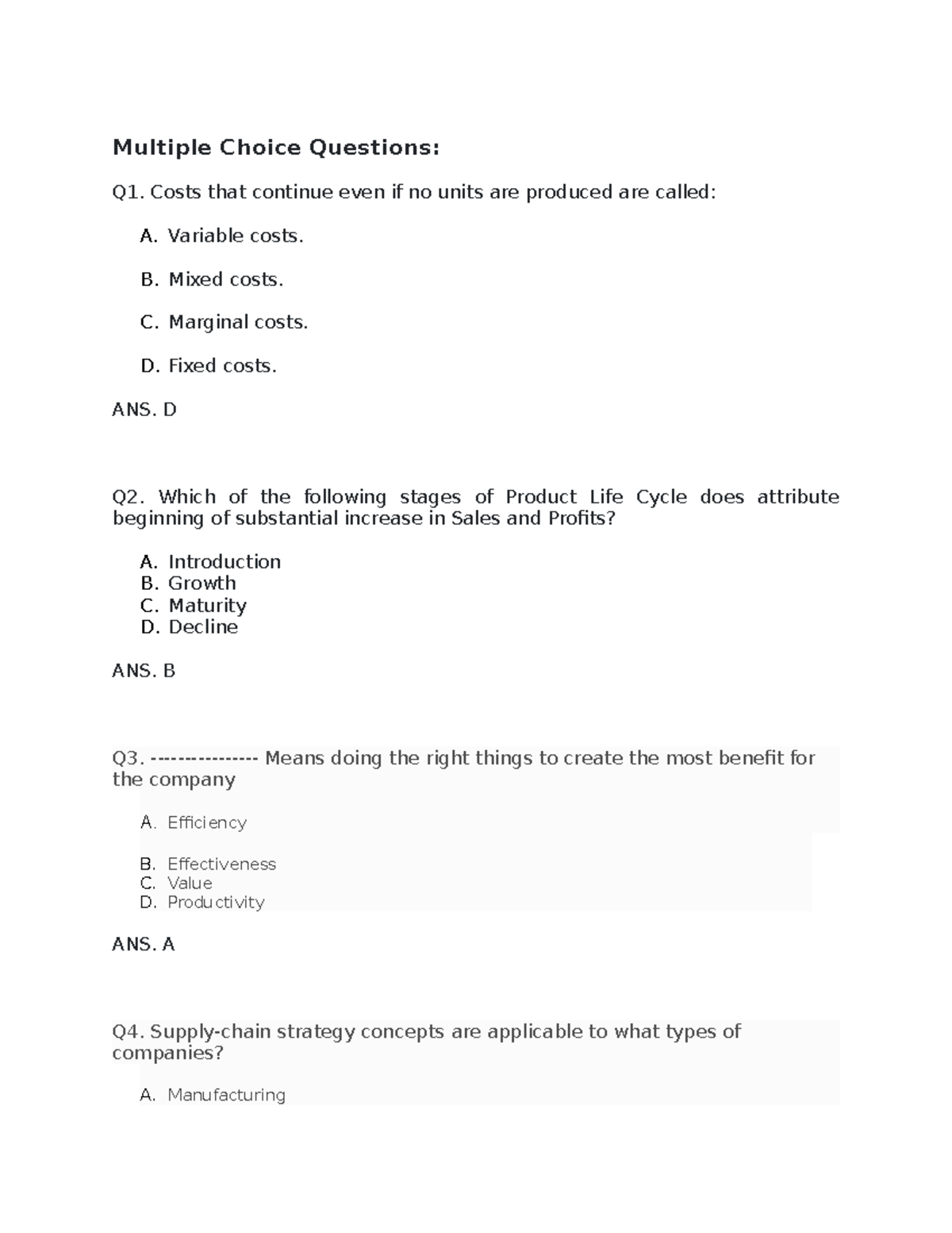 Quizzes - Operations - Multiple Choice Questions: Q1. Costs that ...
