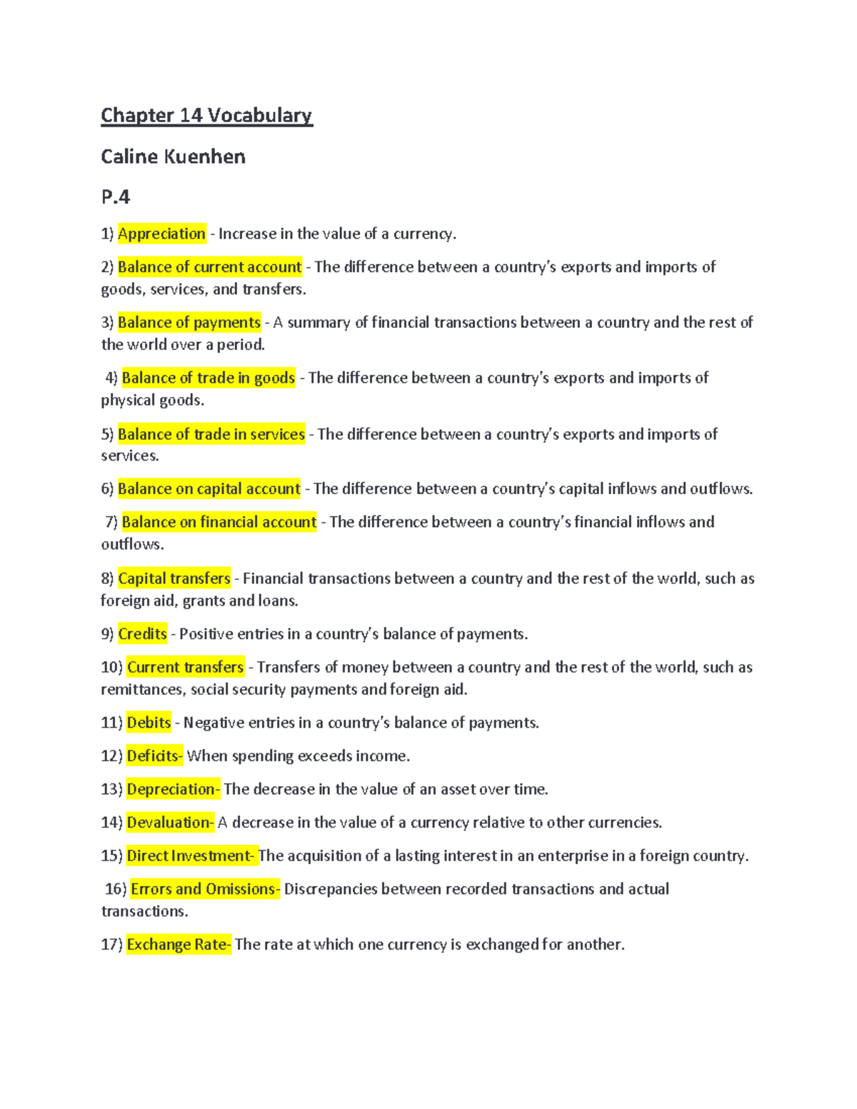 Econ vocab - Chapter 14 Vocabulary Caline Kuenhen P. Appreciation ...