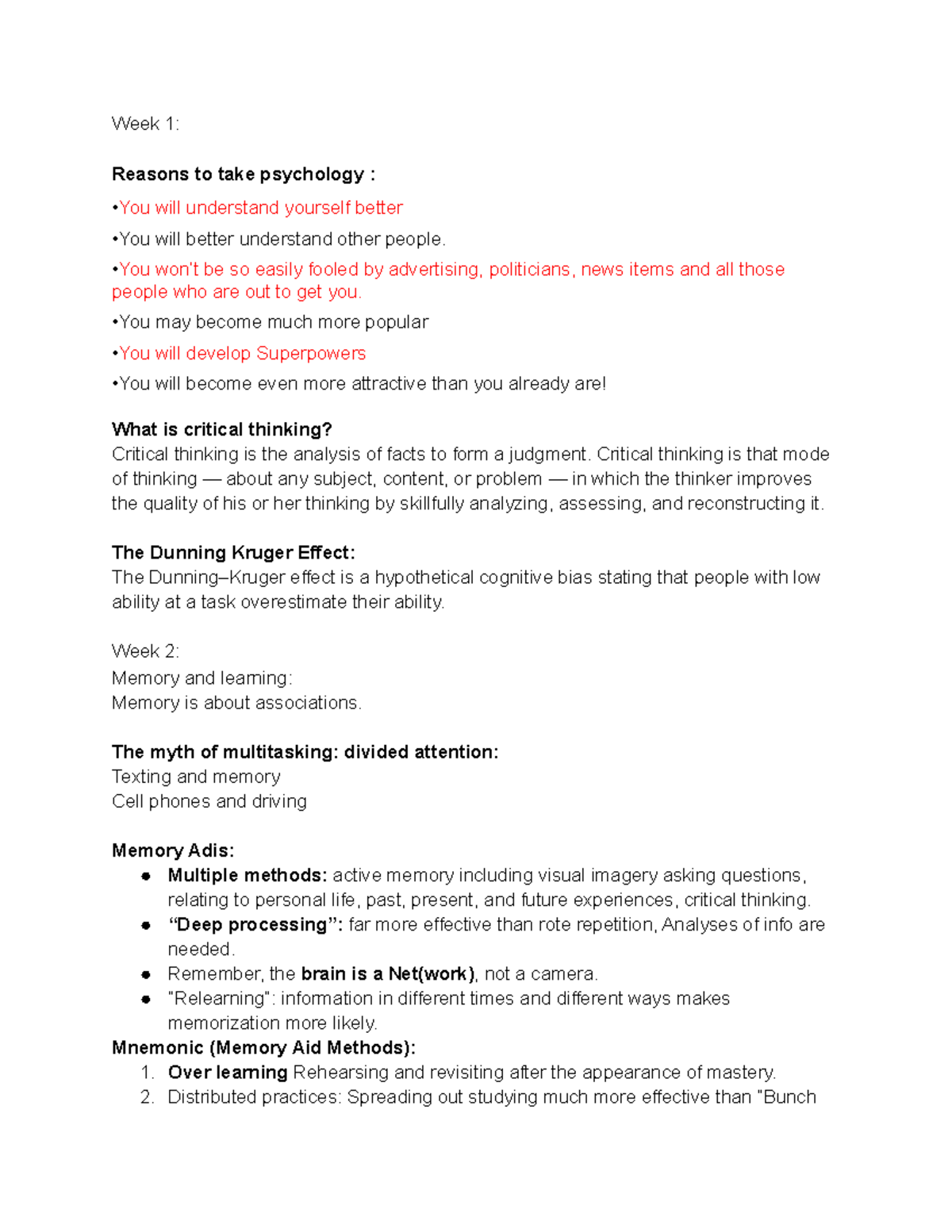 Psychology Notes week 1-6 - Week 1: Reasons to take psychology : You ...