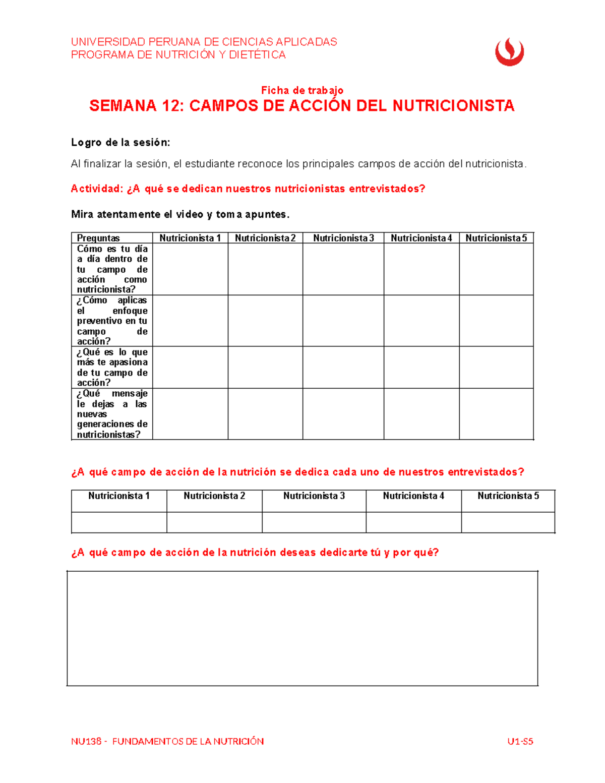 FT NU138-U3-S11-Campos de acción de nutricionista - UNIVERSIDAD PERUANA DE CIENCIAS APLICADAS ...