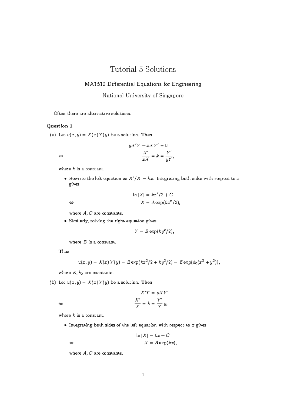 Tut5 soln - Tutorial 5 Solutions MA1512 Differential Equations for Engineering National ...