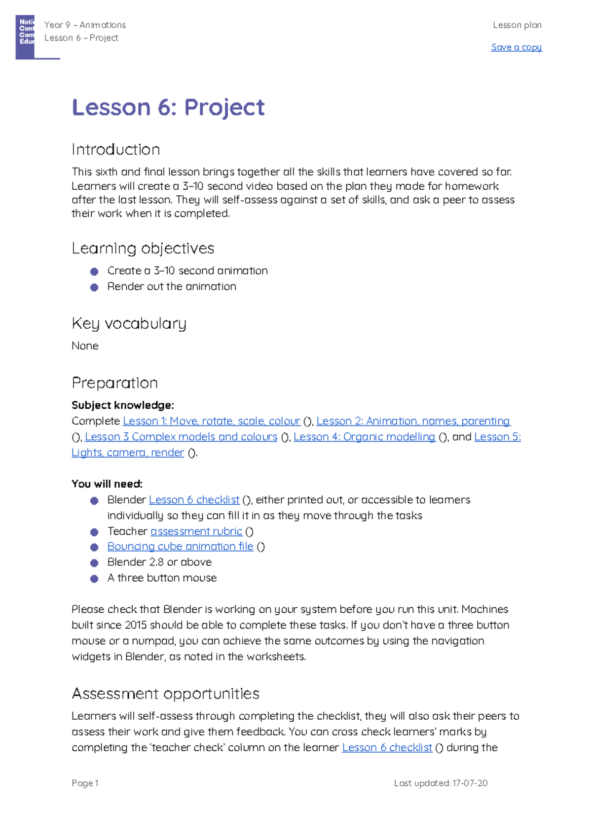L6 Lesson plan – Animations – Y9 - Year 9 – Animations Lesson 6 ...