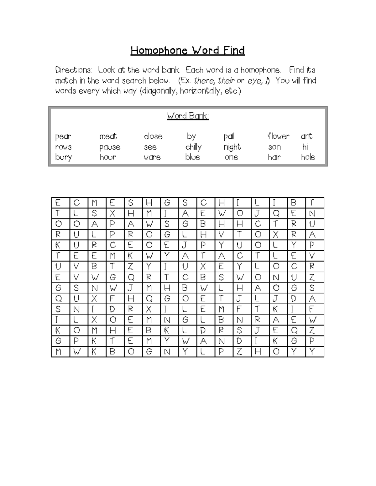 Homophone Word Find - grammar - Homophone Word Find Directions: Look at ...