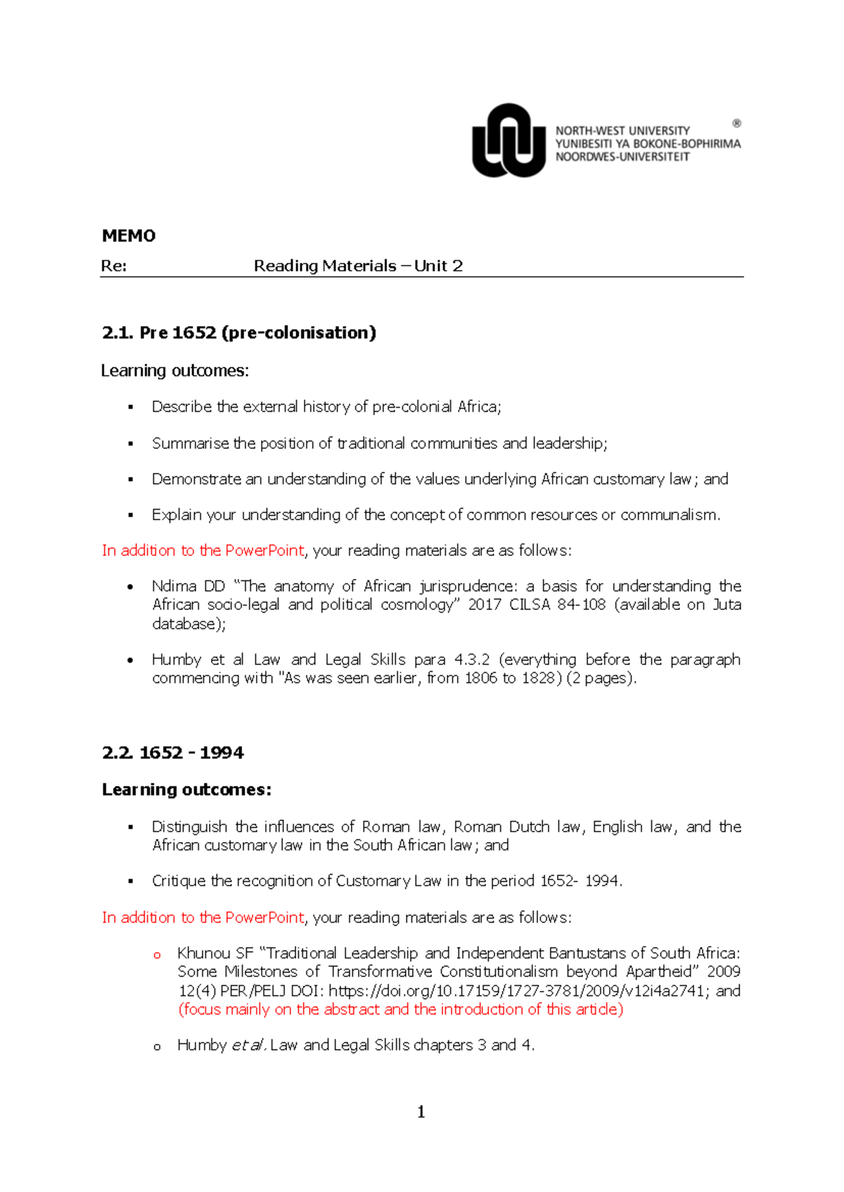Reading materials Unit 2 - 1 MEMO Re: Reading Materials – Unit 2 2. Pre ...