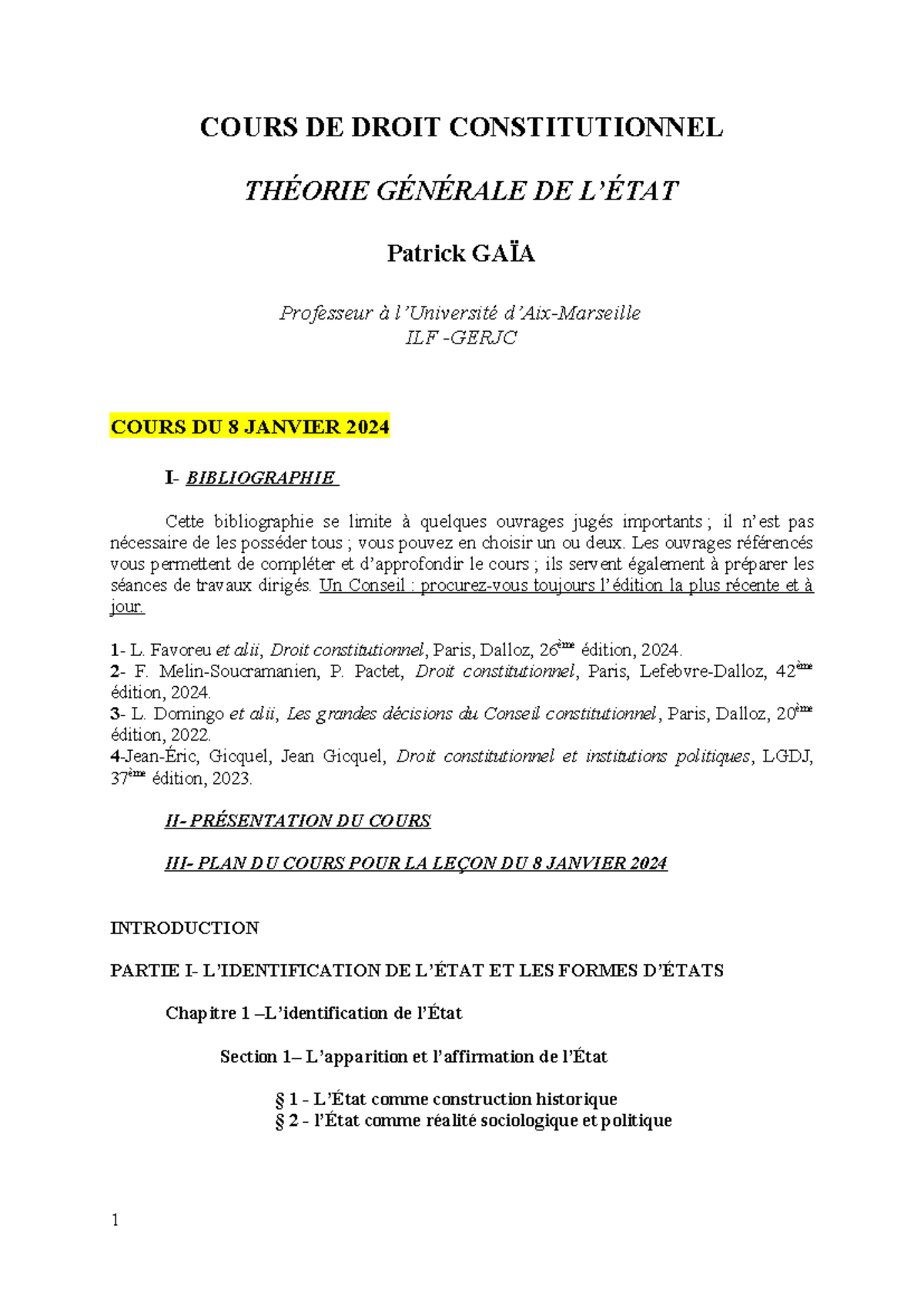 2024 PLAN DE Cours- Cours DE Droit Constitutionnel-3 - COURS DE DROIT CONSTITUTIONNEL THÉORIE ...