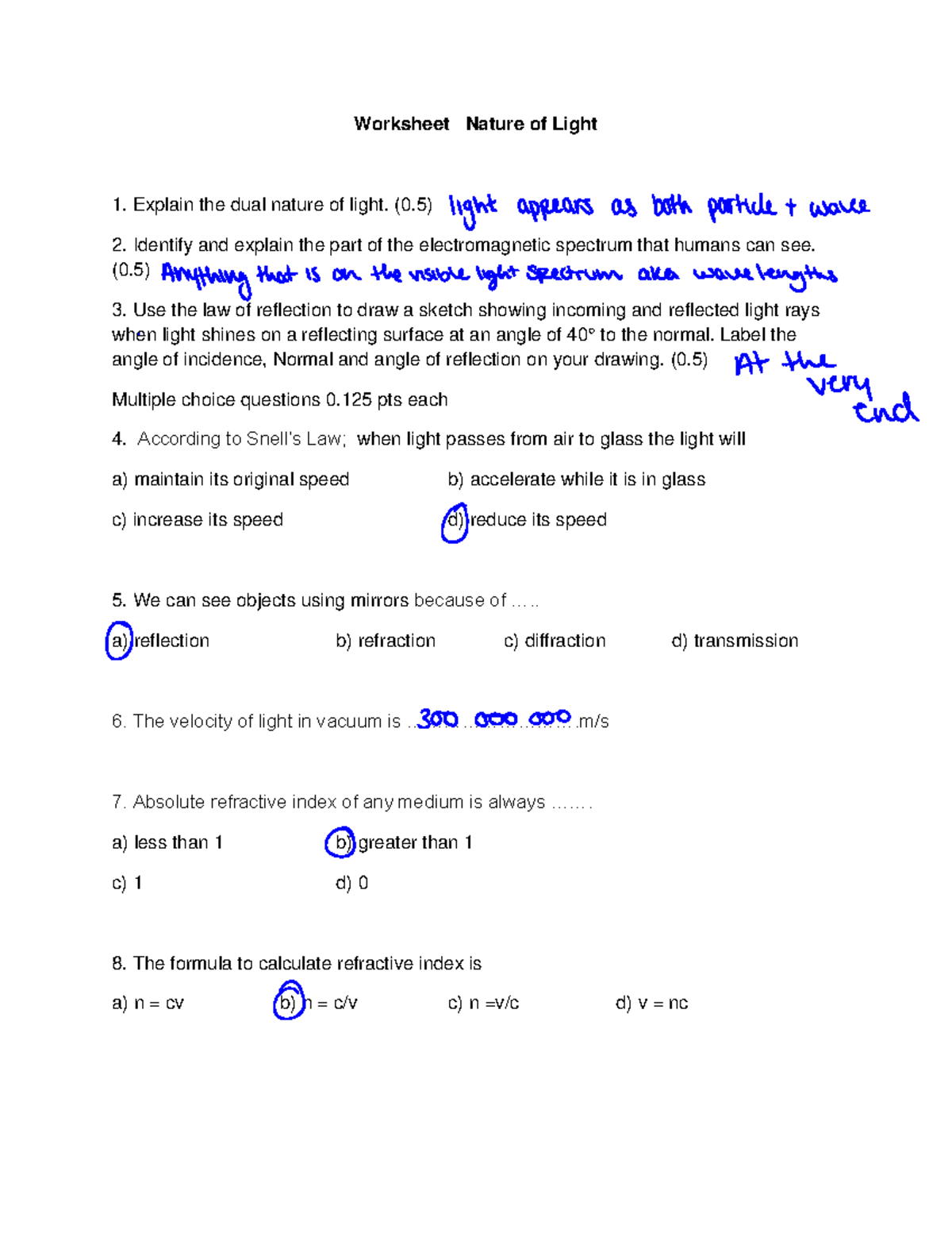 Worksheet 4 F2020 - Worksheet Nature of Light Explain the dual nature ...