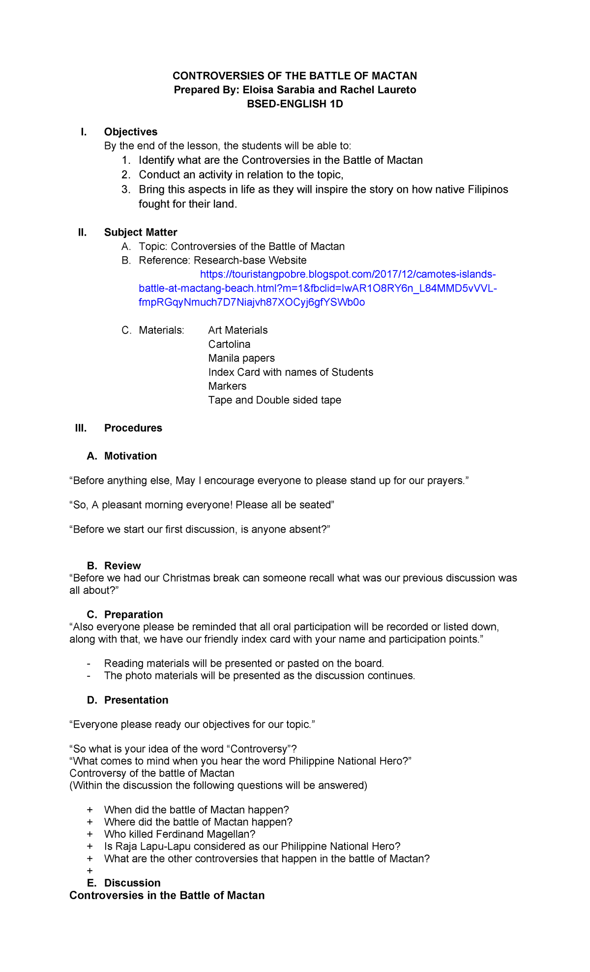 (PRACTICE Lesson Plan RPH) Battles of Mactan - CONTROVERSIES OF THE ...