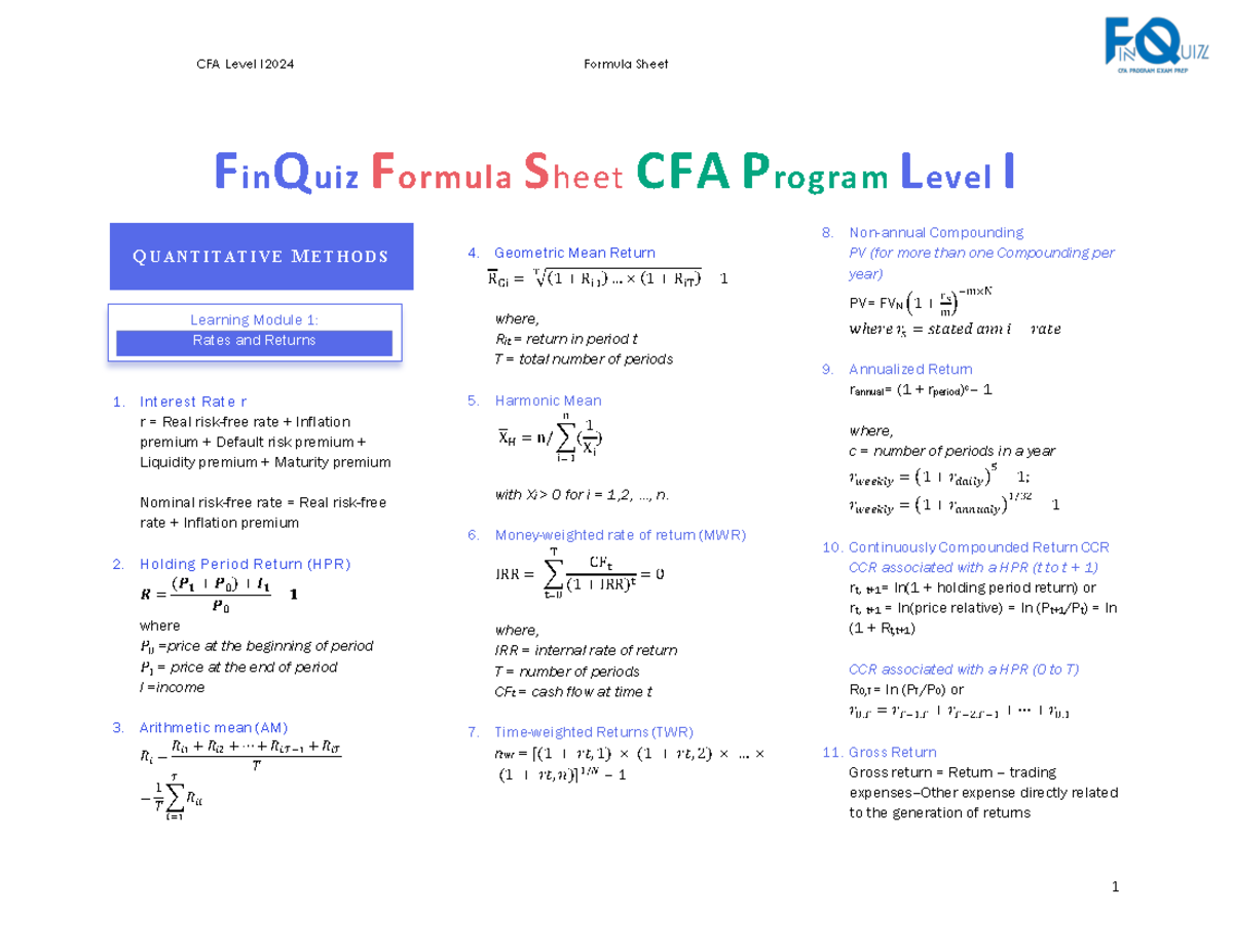 Formula for CFA - F in Q uiz F ormula S heet CFA P rogram L evel I Q U ...
