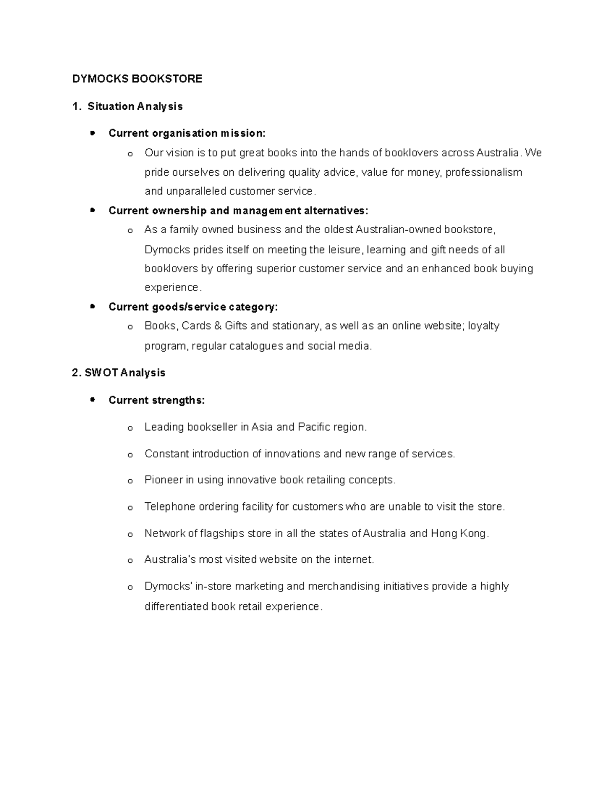 Dymocks Bookstore - DYMOCKS BOOKSTORE Situation Analysis Current ...