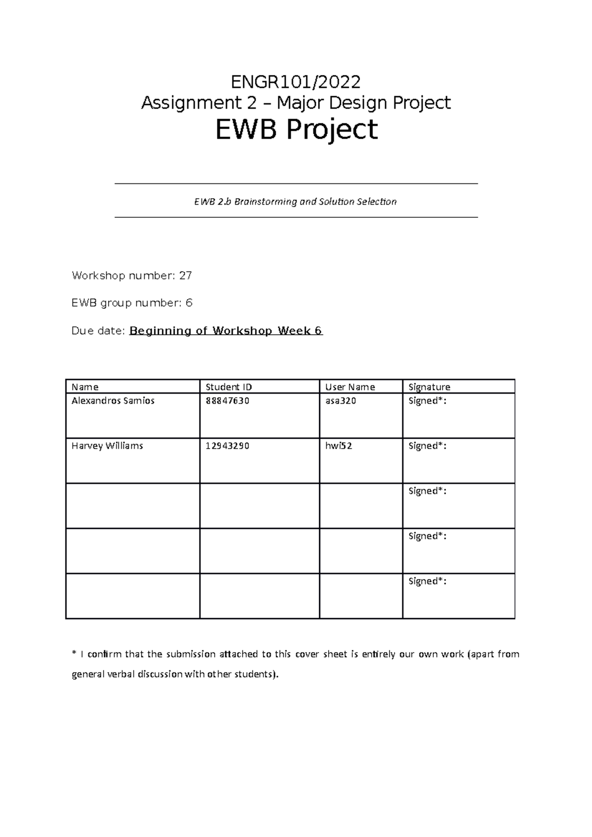 EWB 2.b Brainstorming Template - ENGR101/ Assignment 2 – Major Design ...