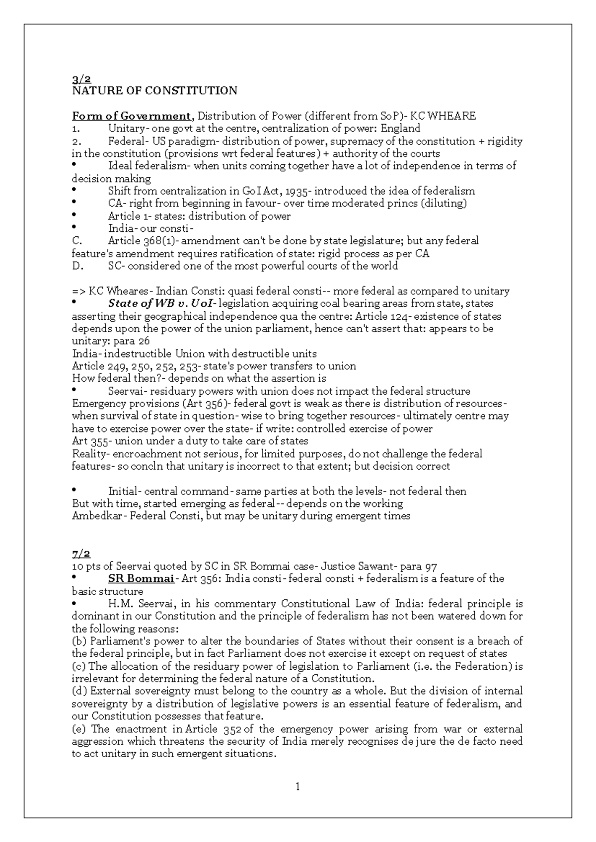 Case List - Summary Constitution Of India - 3/ NATURE OF CONSTITUTION ...