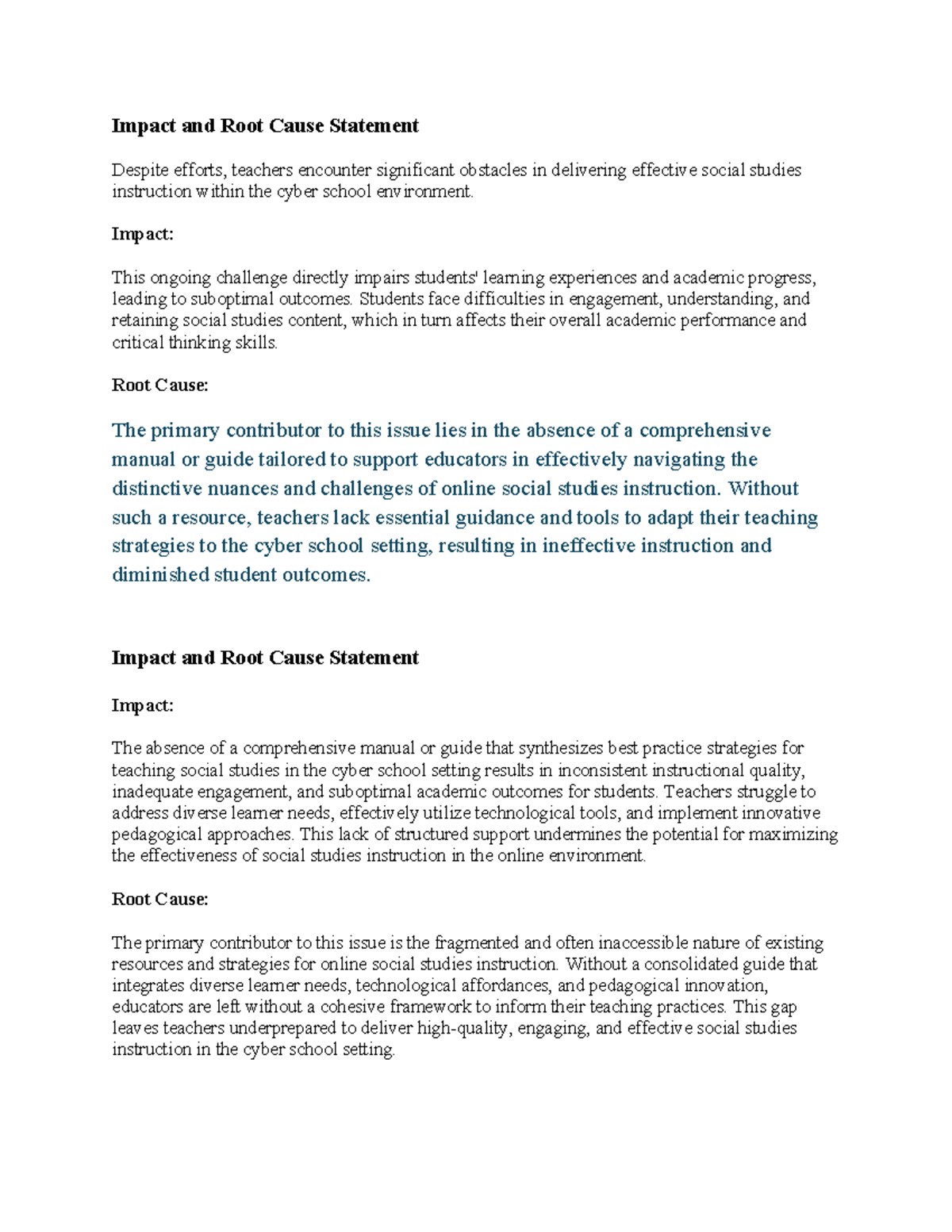 Impact and Root Cause Statement - Impact and Root Cause Statement ...