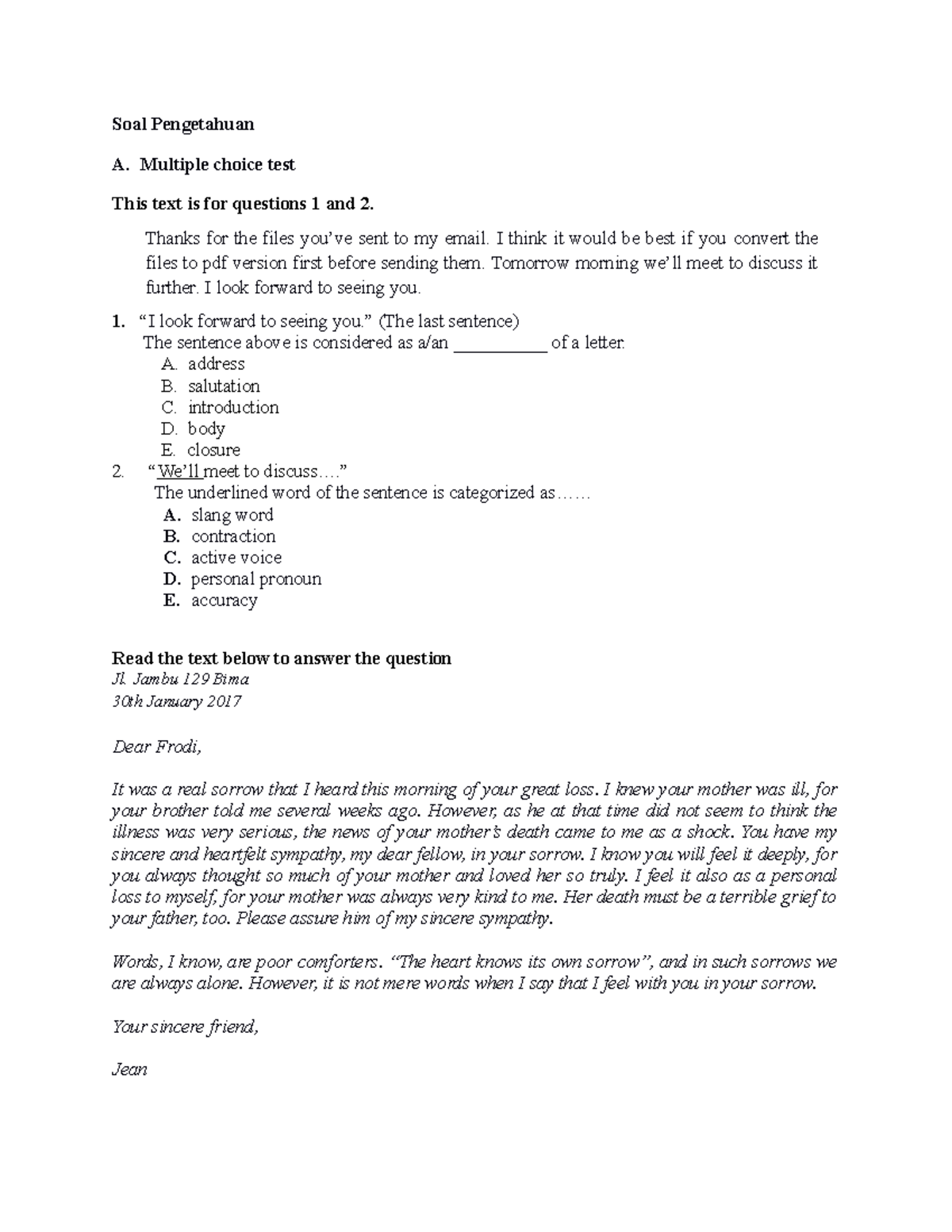 Test Personal Letter - Soal Pengetahuan A. Multiple choice test This ...