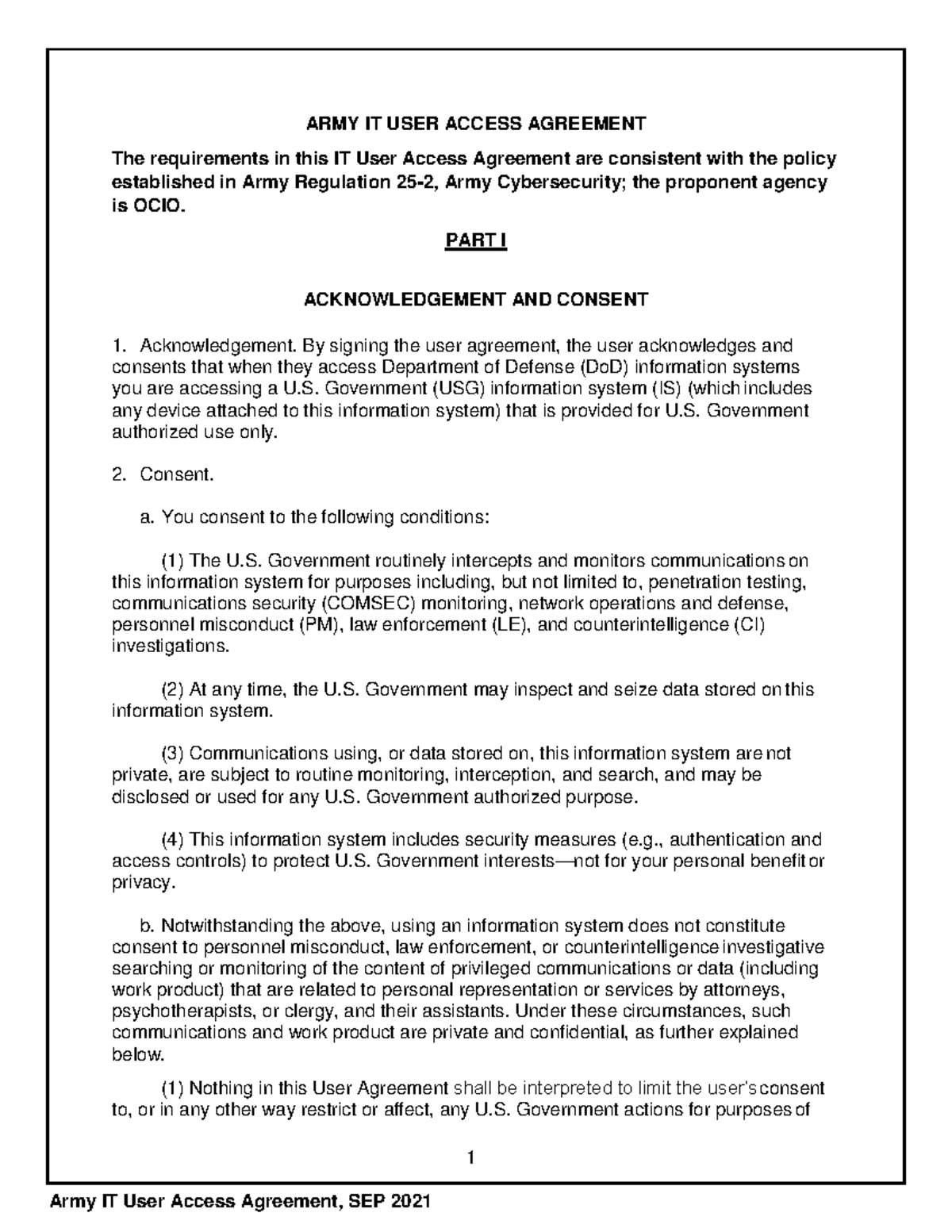 Army IT User Agreement Anderson - 1 ARMY IT USER ACCESS AGREEMENT The ...