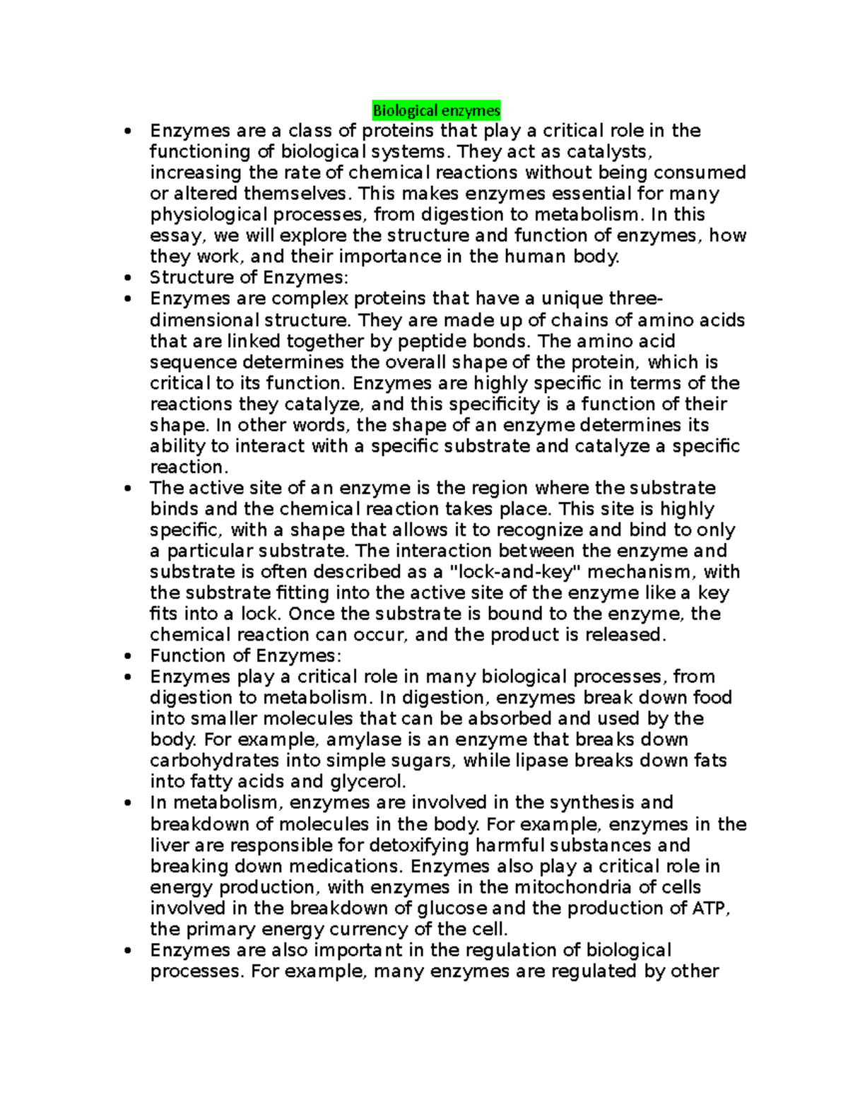 Biological enzymes - Biological enzymes Enzymes are a class of proteins ...