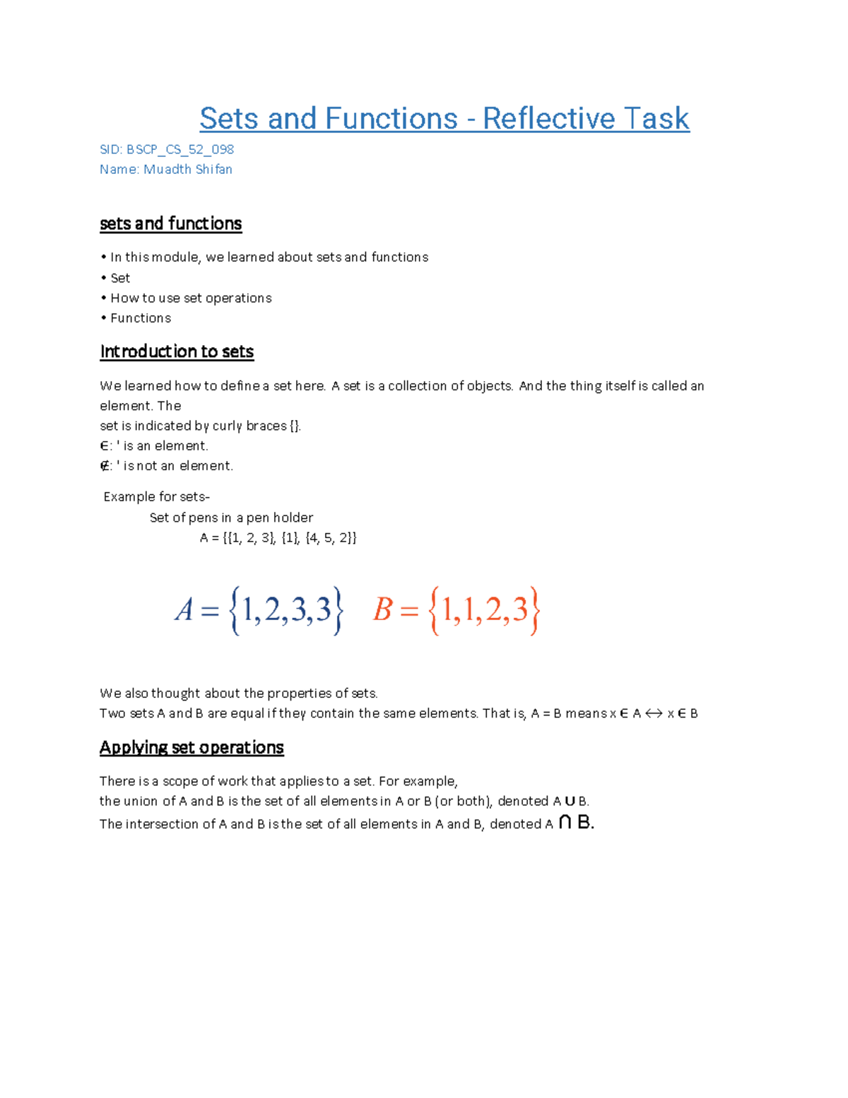 Sets and Functions - Reflective Task (BSCP CS 52 098) - Sets and Functions - Reflective Task SID ...