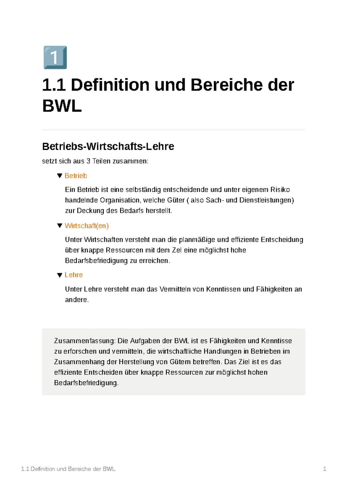 1.1 - Definition und Bereich der BWL (Lektion 1.1) - ° 1 Definition und ...