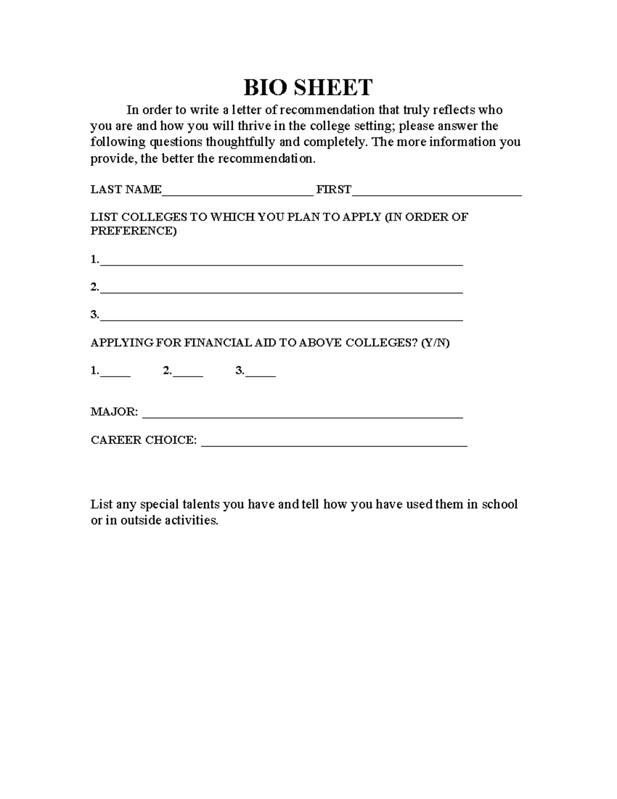 BIO Sheet university of south Florida - BIO SHEET In order to write a ...