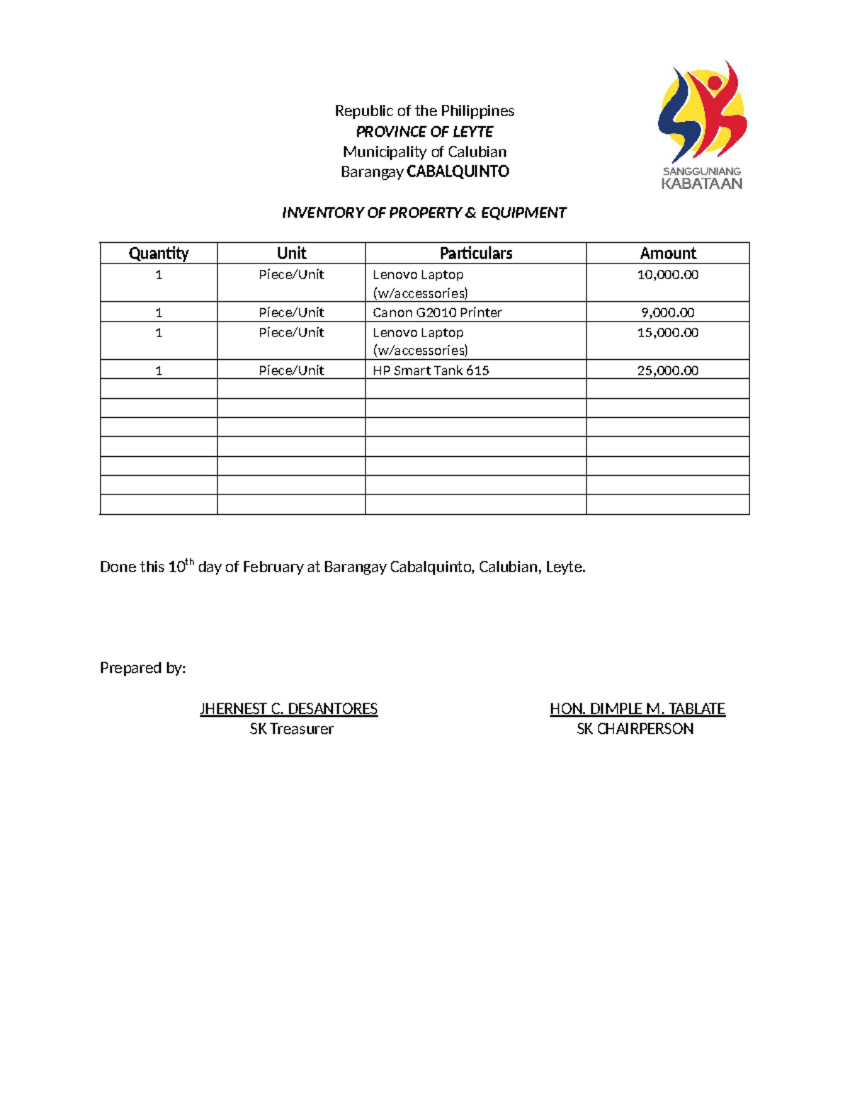 SK Inventory Files 2024 - Republic of the Philippines PROVINCE OF LEYTE ...