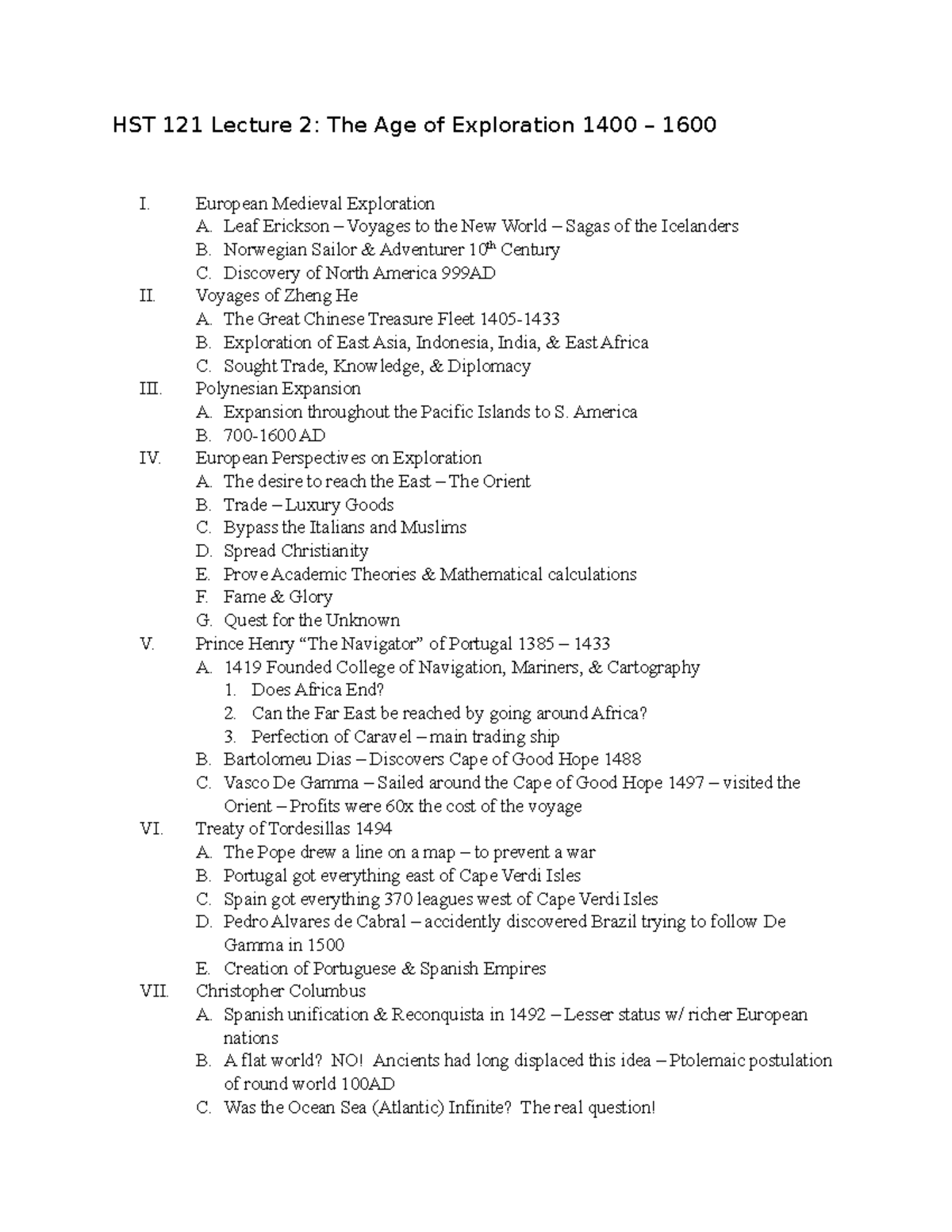 HST 121 Lecture 2 - HST 121 Lecture 2: The Age of Exploration 1400 ...