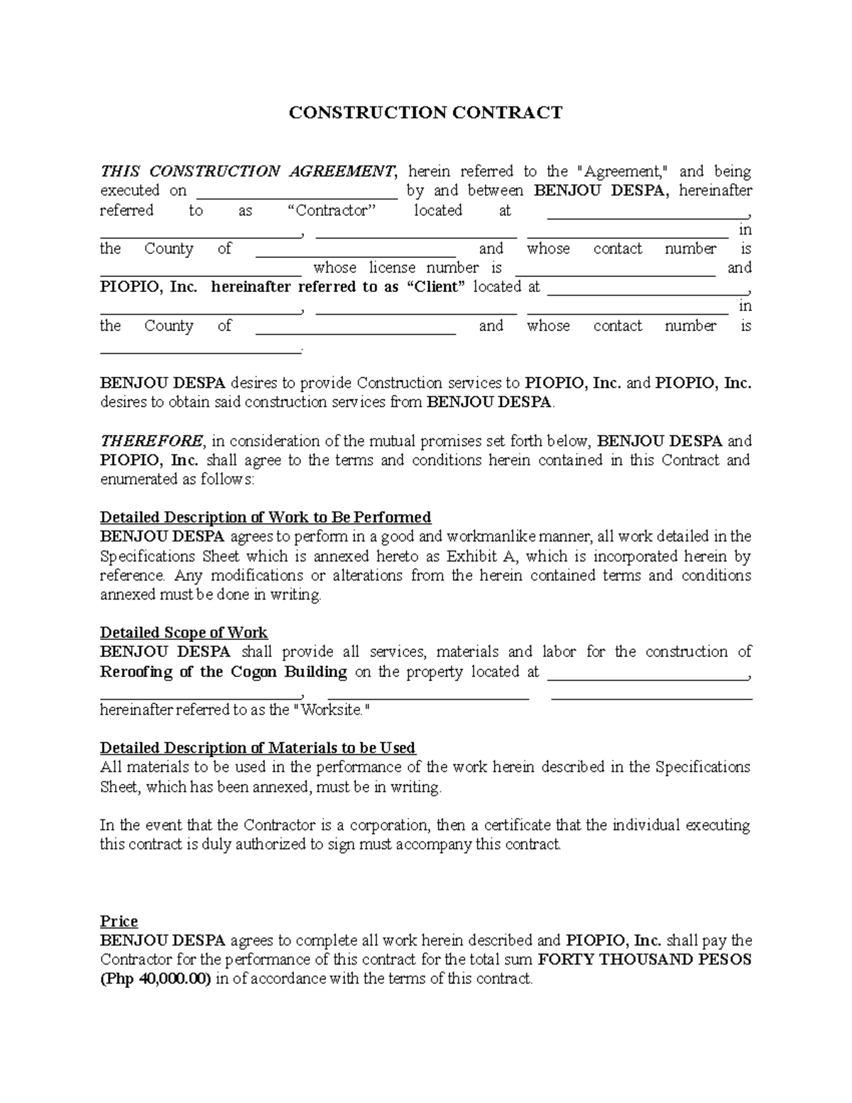 Construction Contract-Roofing Partial - CONSTRUCTION CONTRACT THIS ...