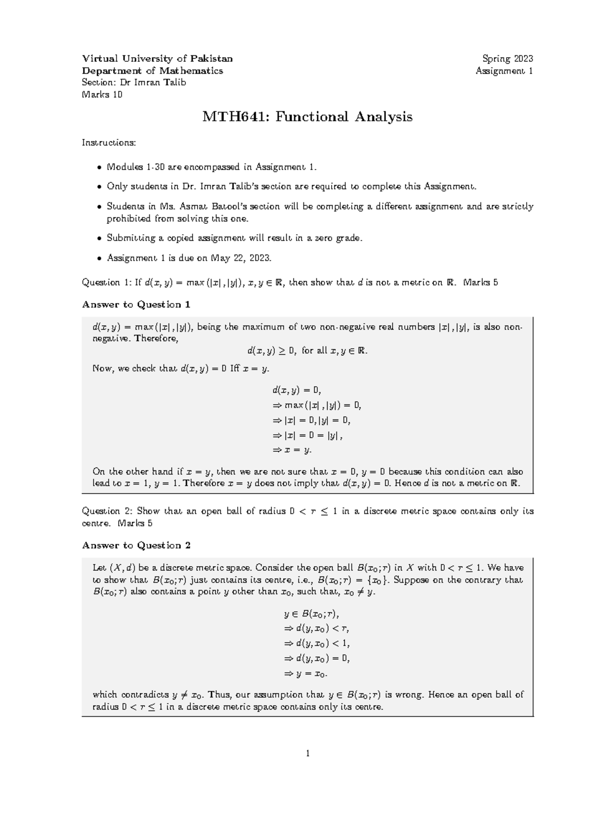 Spring 2023 MTH641 1 SOL - Virtual University of Pakistan Spring 2023 Department of Mathematics ...