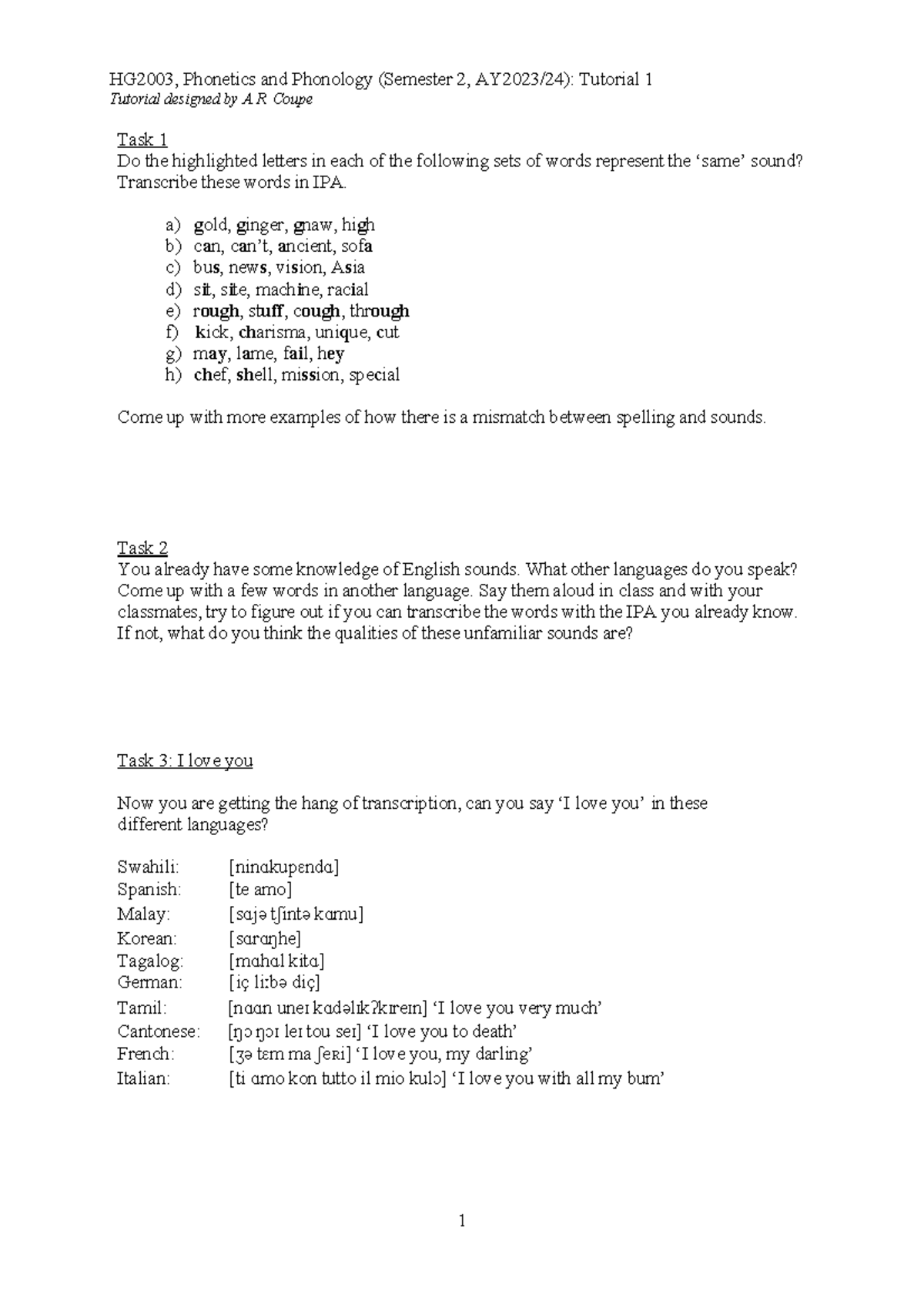 HG2003 Phonetics Phonology Tutorial 1 - HG2003, Phonetics and Phonology (Semester 2, AY202 3 / ...