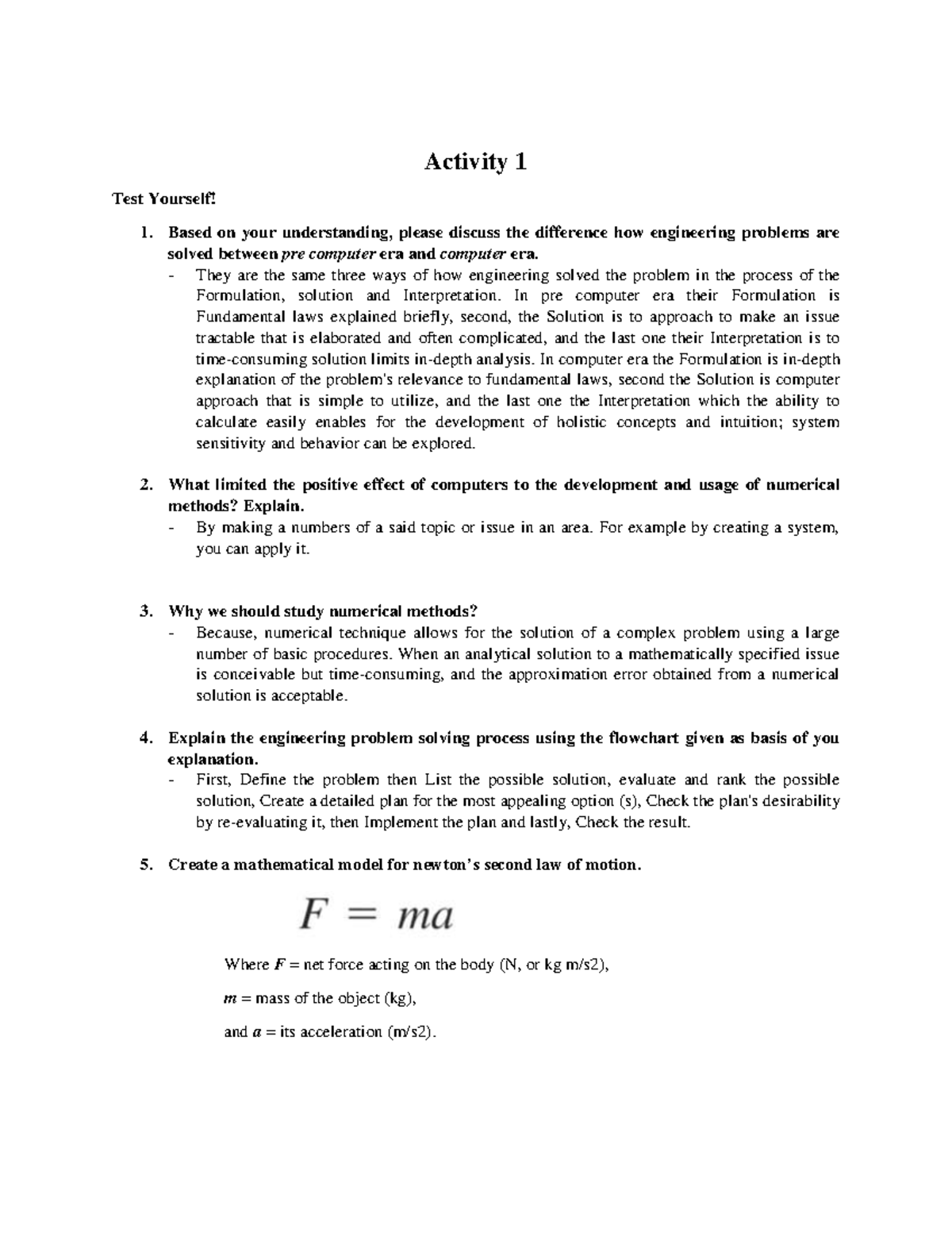 Numerical Method (how engineering problems are solved) - Activity 1 ...