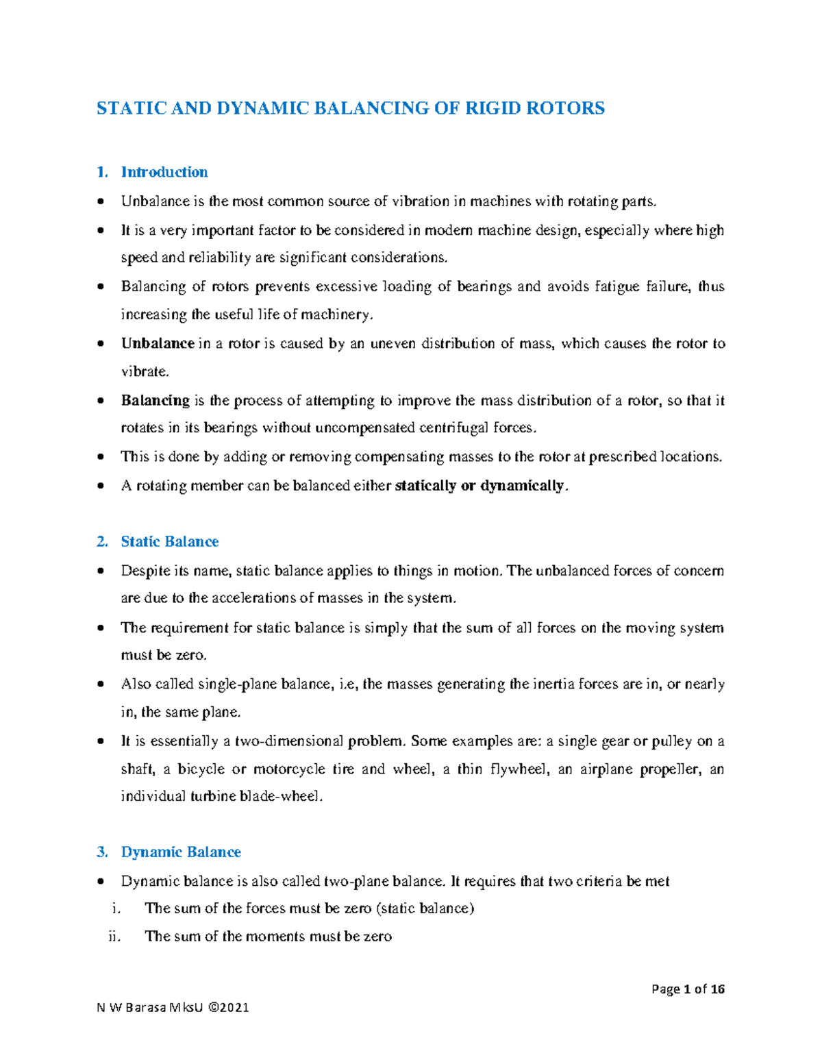 Static Balancing - Mechanics of machine - Page 1 of 16 STATIC AND DYNAMIC BALANCING OF RIGID ...