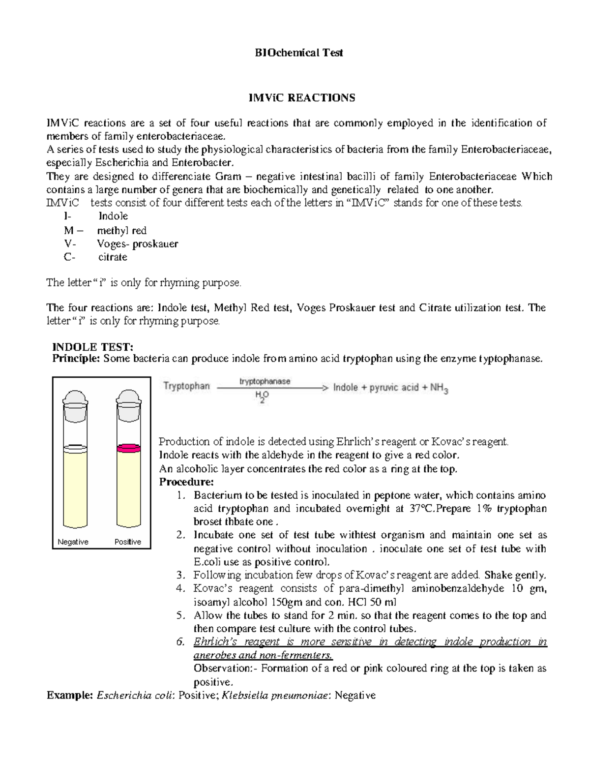 Lecture-6 - Qqwwer - BIOchemical Test IMViC REACTIONS IMViC reactions ...