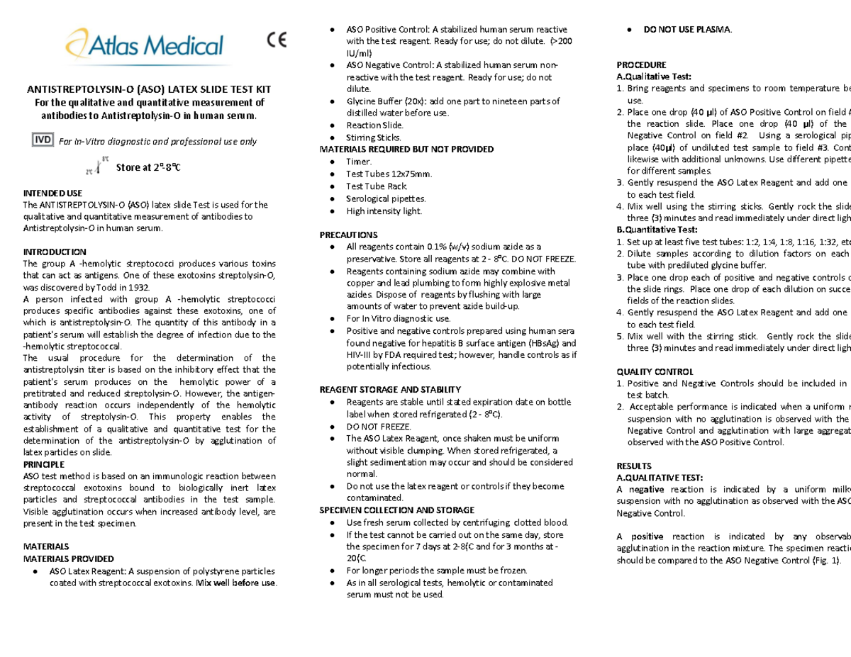 PRACTICAL IMMUNOSERO - ANTISTREPTOLYSIN-O (ASO) LATEX SLIDE TEST KIT ...