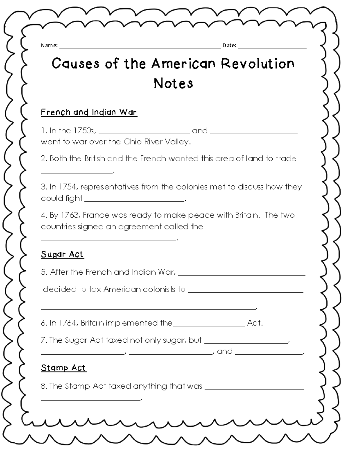 American Revolution Causes Notes - Name