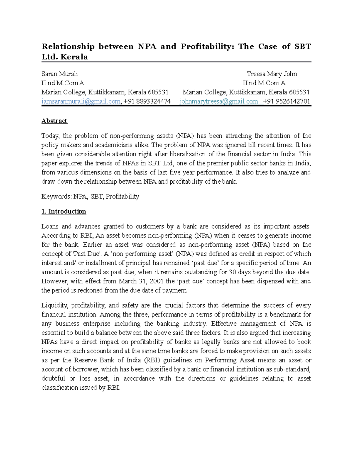 A study on NPA and Profitability of SBT Ltd - Relationship between NPA ...