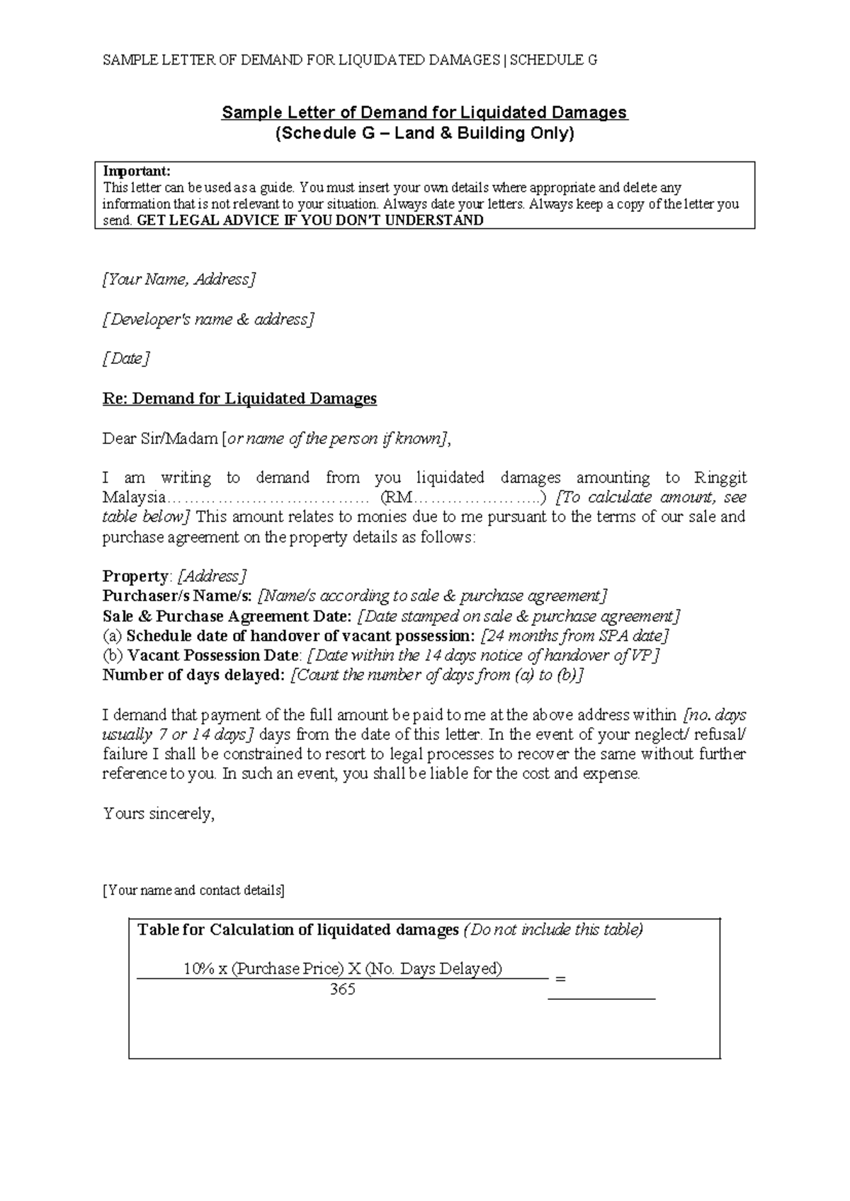 Sample Sch G - SAMPLE LETTER OF DEMAND FOR LIQUIDATED DAMAGES ...