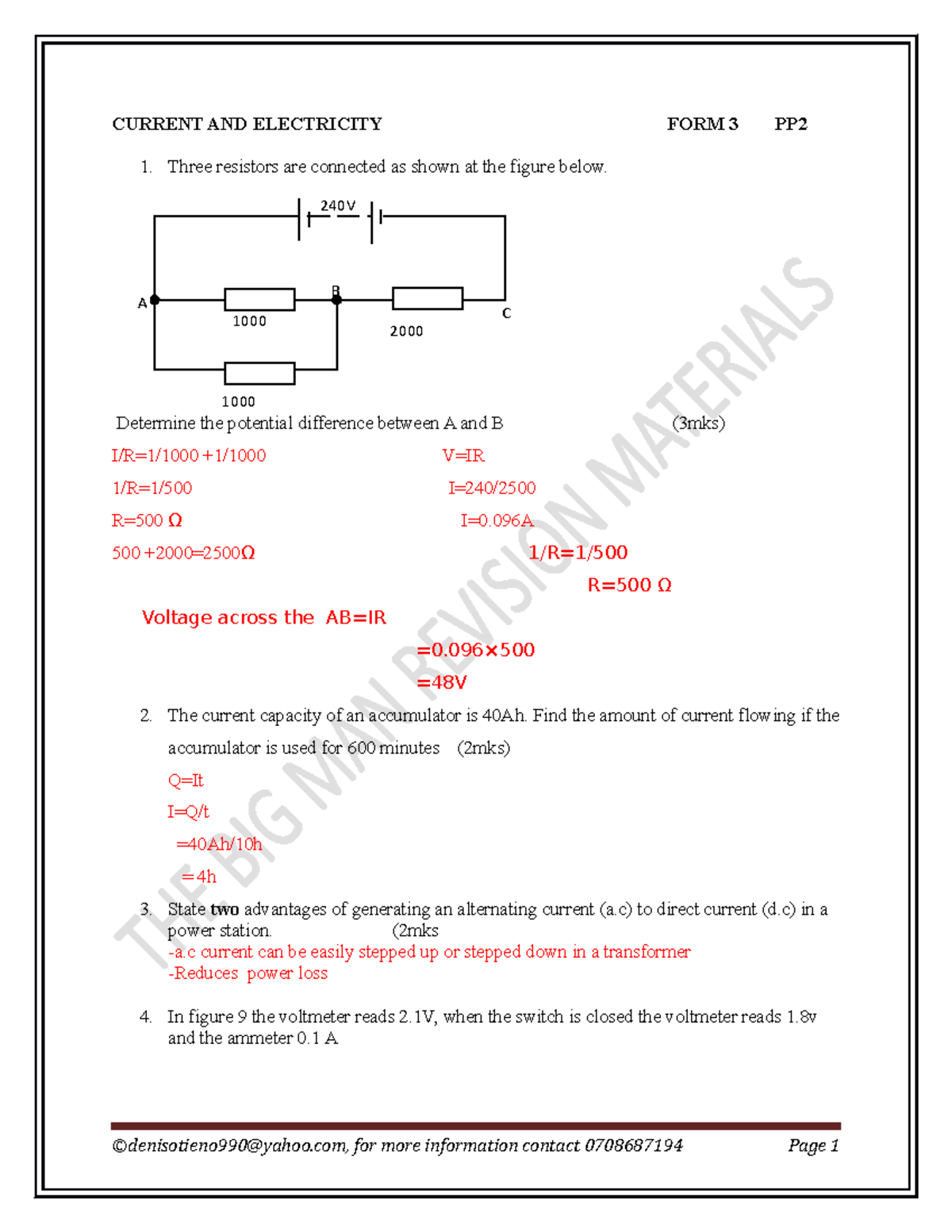 Current AND Electricity MS - CURRENT AND ELECTRICITY FORM 3 PP Three ...