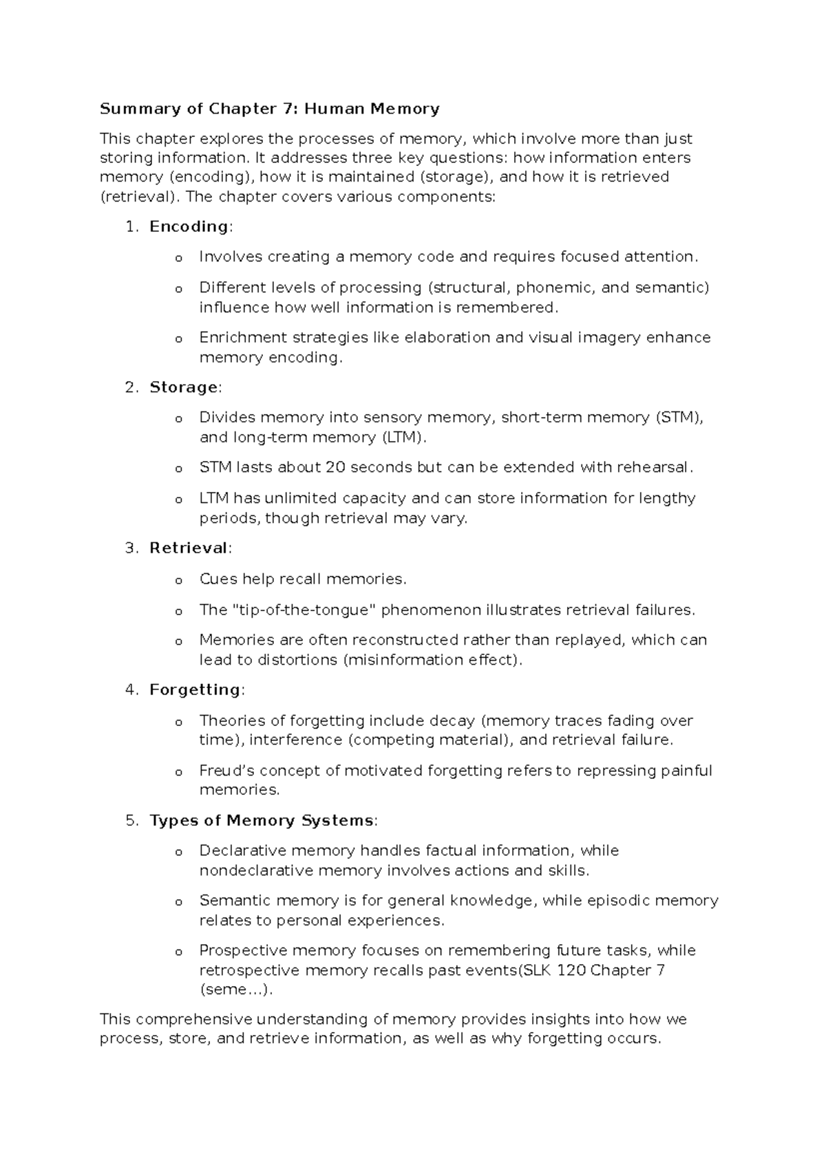 SLK 120 Summary notes chapter 7 - Summary of Chapter 7: Human Memory ...