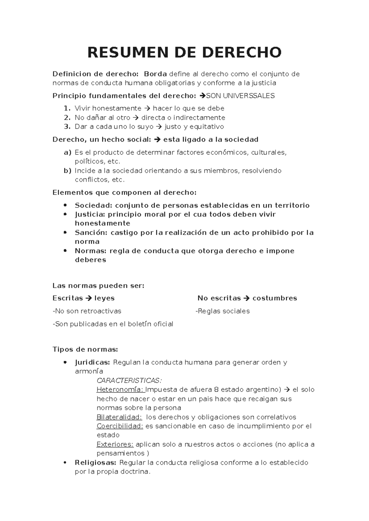 Resumen DE Derecho - RESUMEN DE DERECHO Definicion de derecho: Borda ...