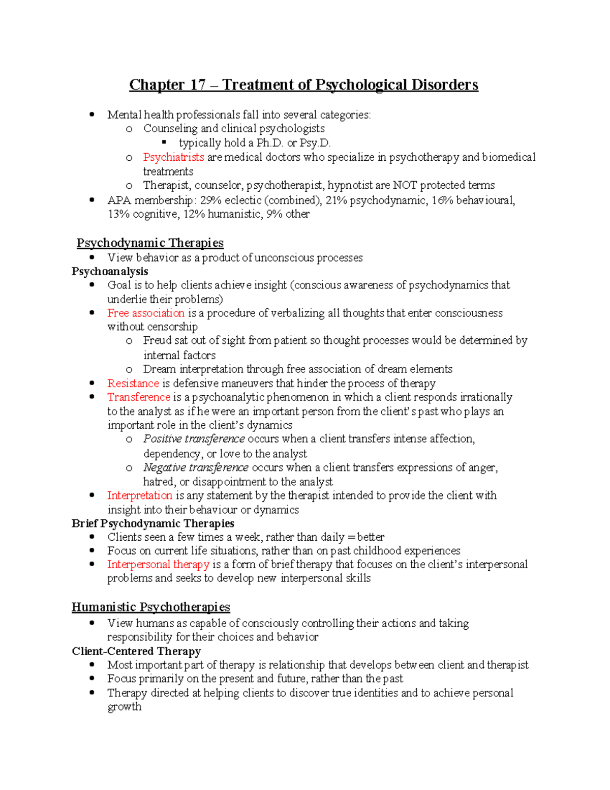 Chapter 17- Treatment of Psychological Disorders - Chapter 17 ...